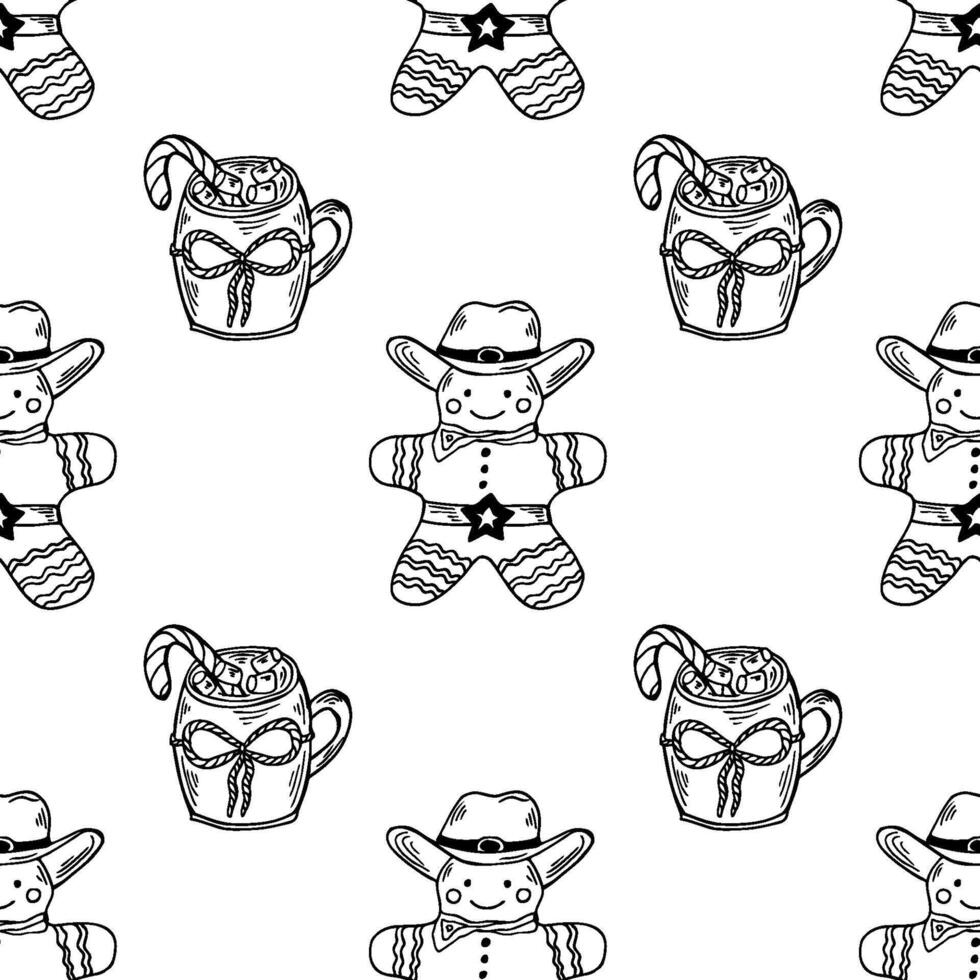Christmas gingerbread in cowboy hat black outline seamless pattern ...