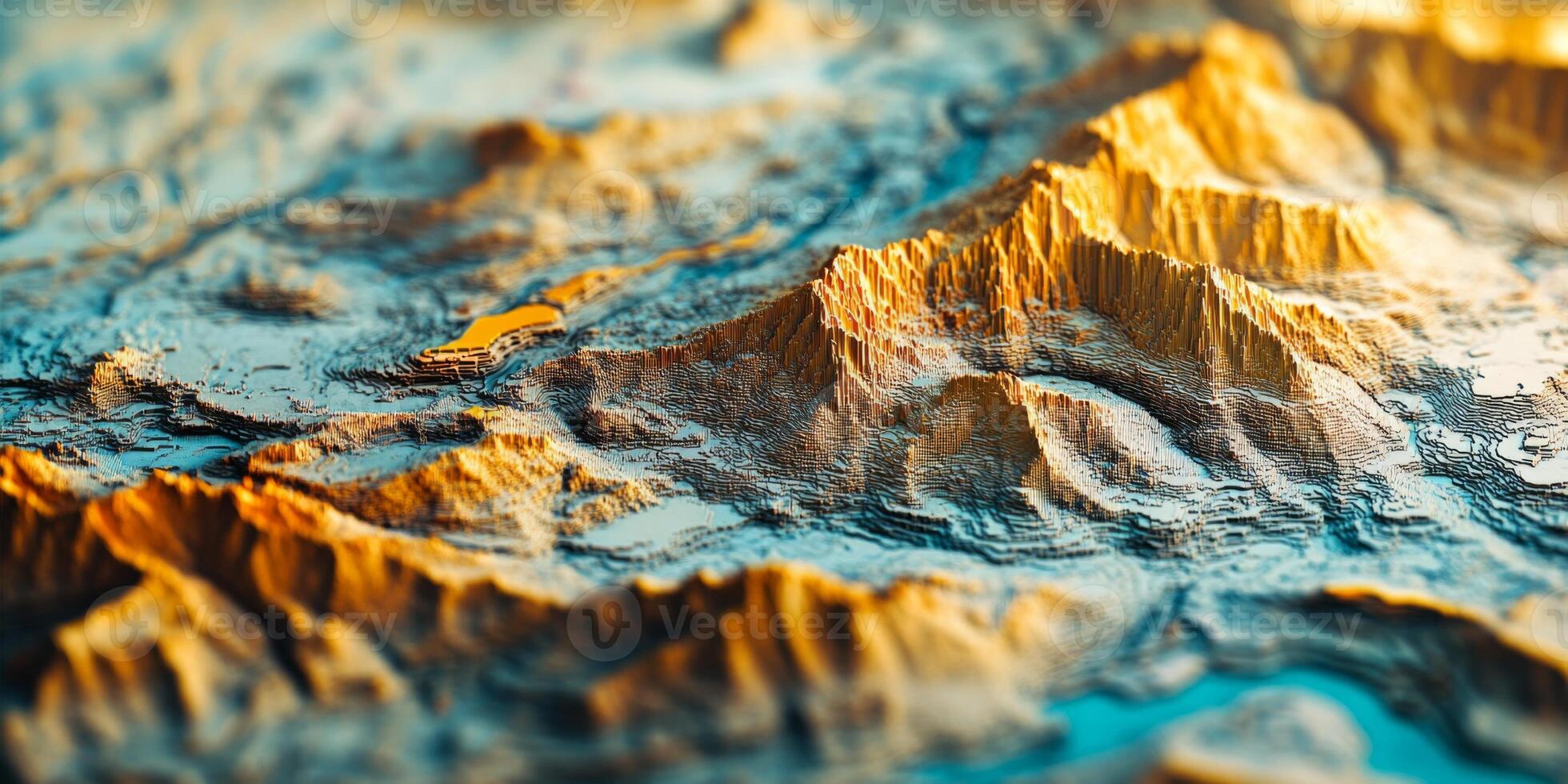 Dramatic 3D Topographic Map Golden Mountains Blue Waters Elevation Contours Terrain Detail ...