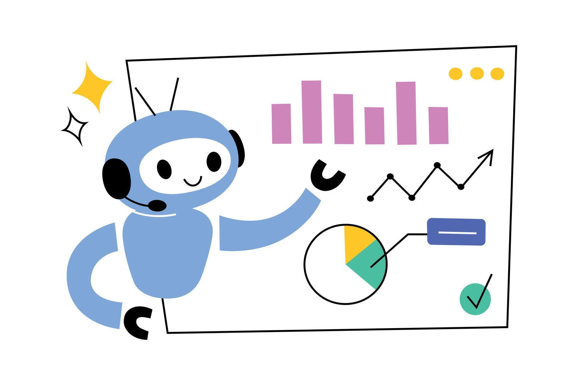 Cartoon illustration of robot presenting data, statistics, charts and diagrams. Artificial ...