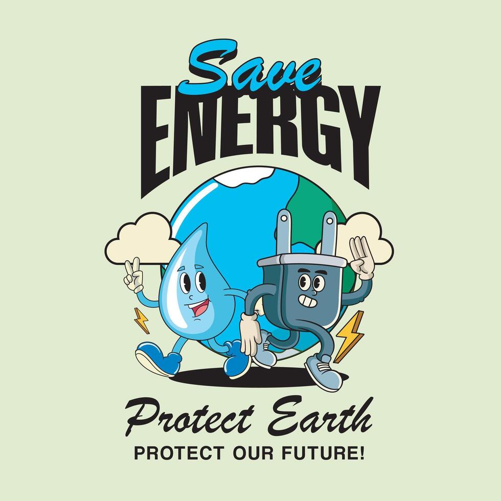 Happy Earth Day Save Energy Vintage 70s Cartoon Mascot Illustration ... Happy Earth Day Save Energy Vintage 70s Cartoon Mascot Illustration ...