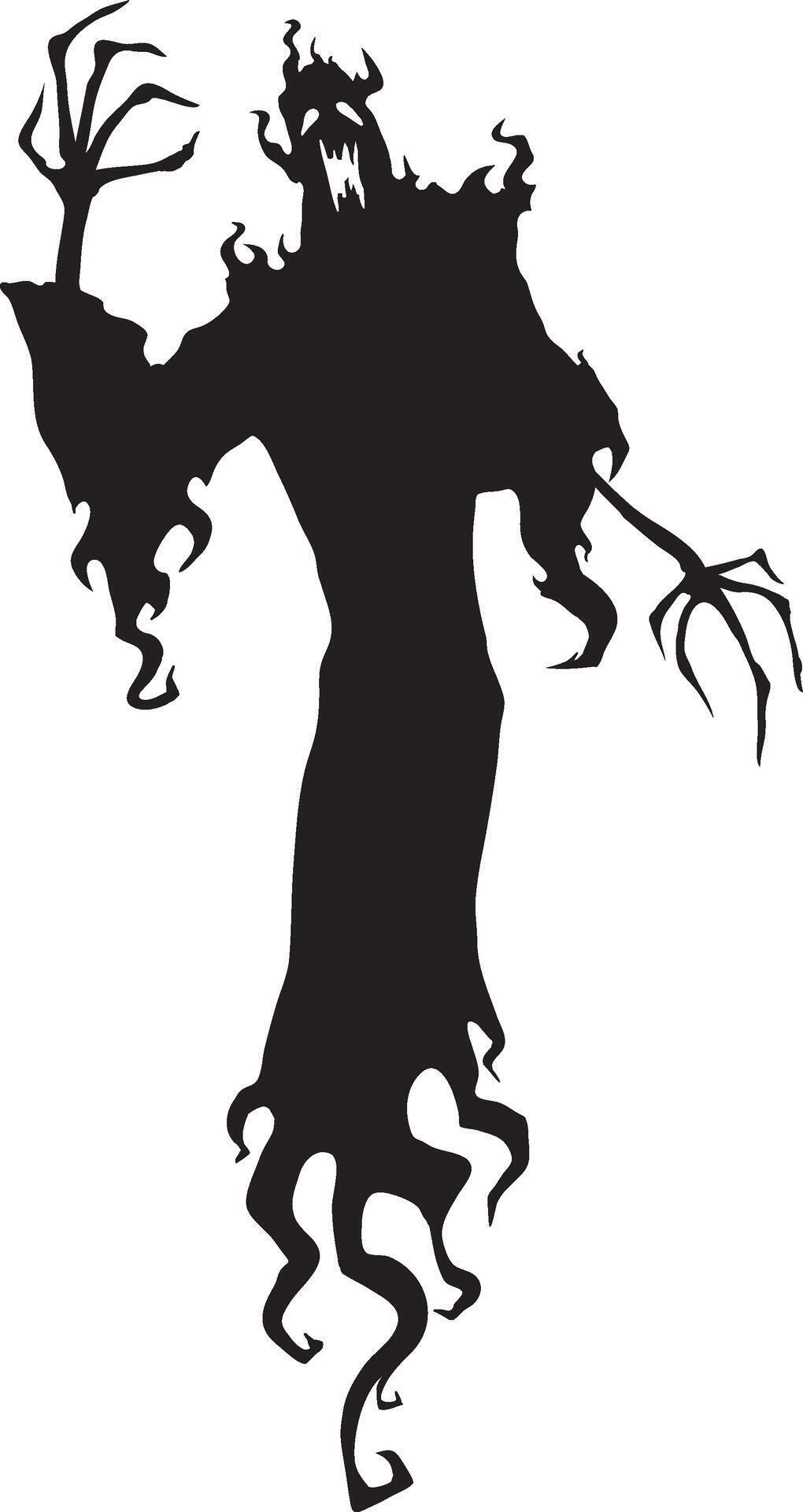 Spooky black silhouette of a screaming halloween ghost with fiery ...