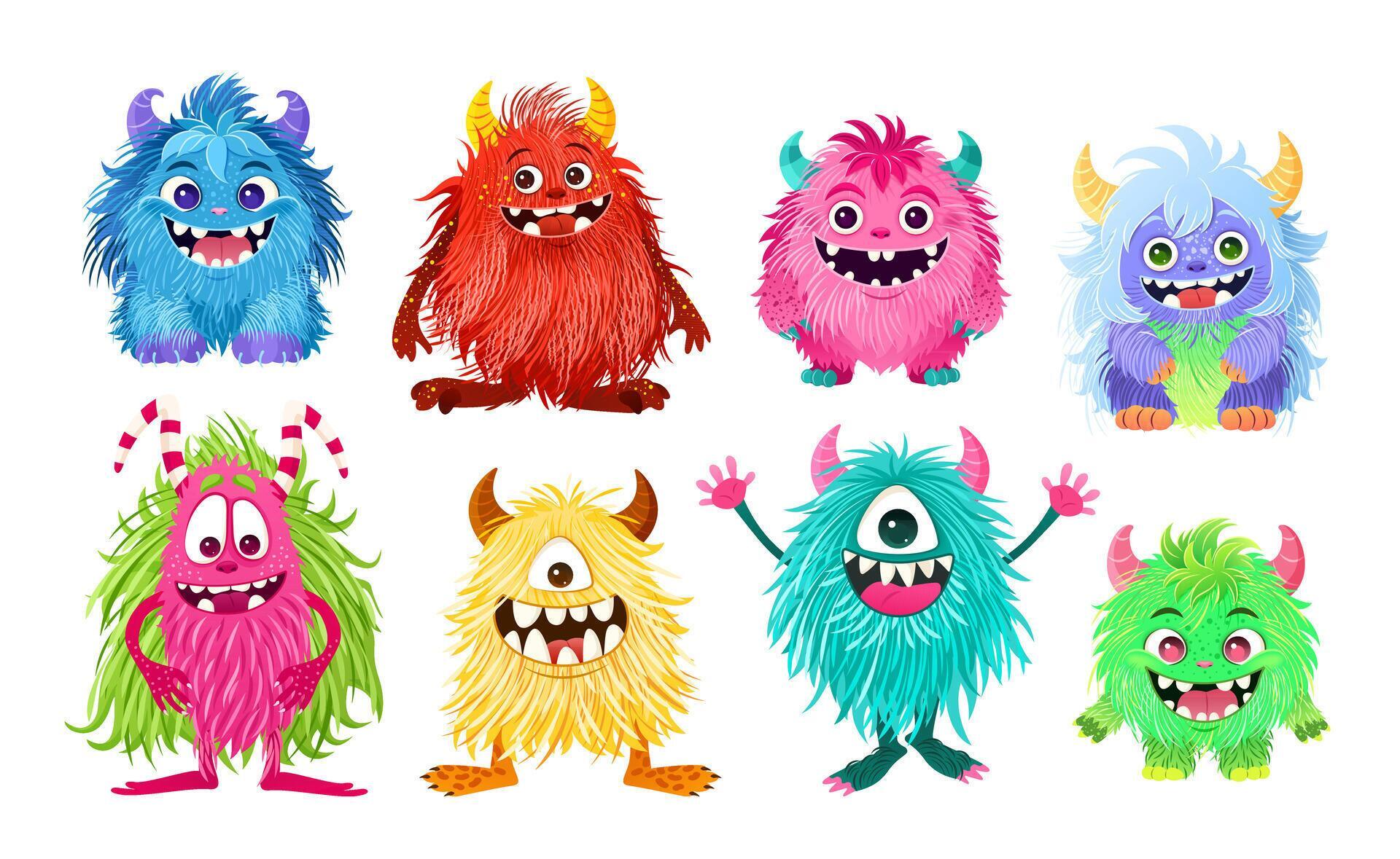 Set of 8 cute little monsters. Fictional creatures for children's print ...