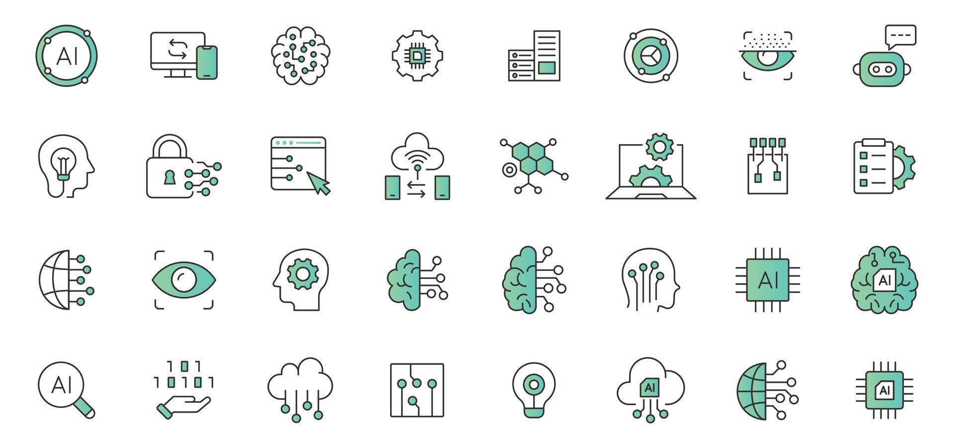 Artificial intelligence icon set. Containing machine learning, data science, AI, virtual ...