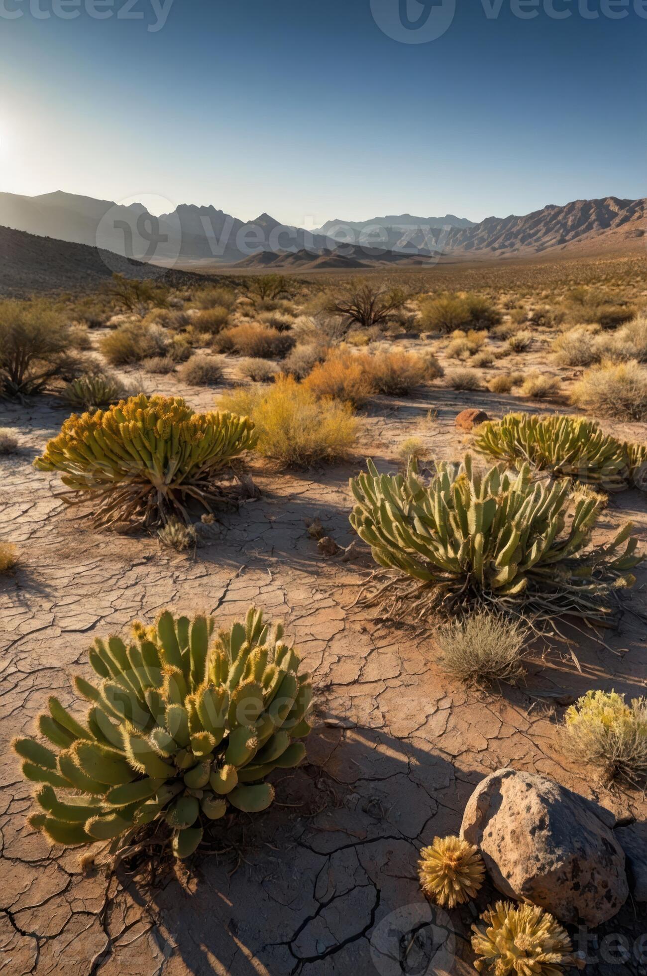 A serene desert landscape featuring various cacti and dry terrain under a clear sky. 53372160 ...