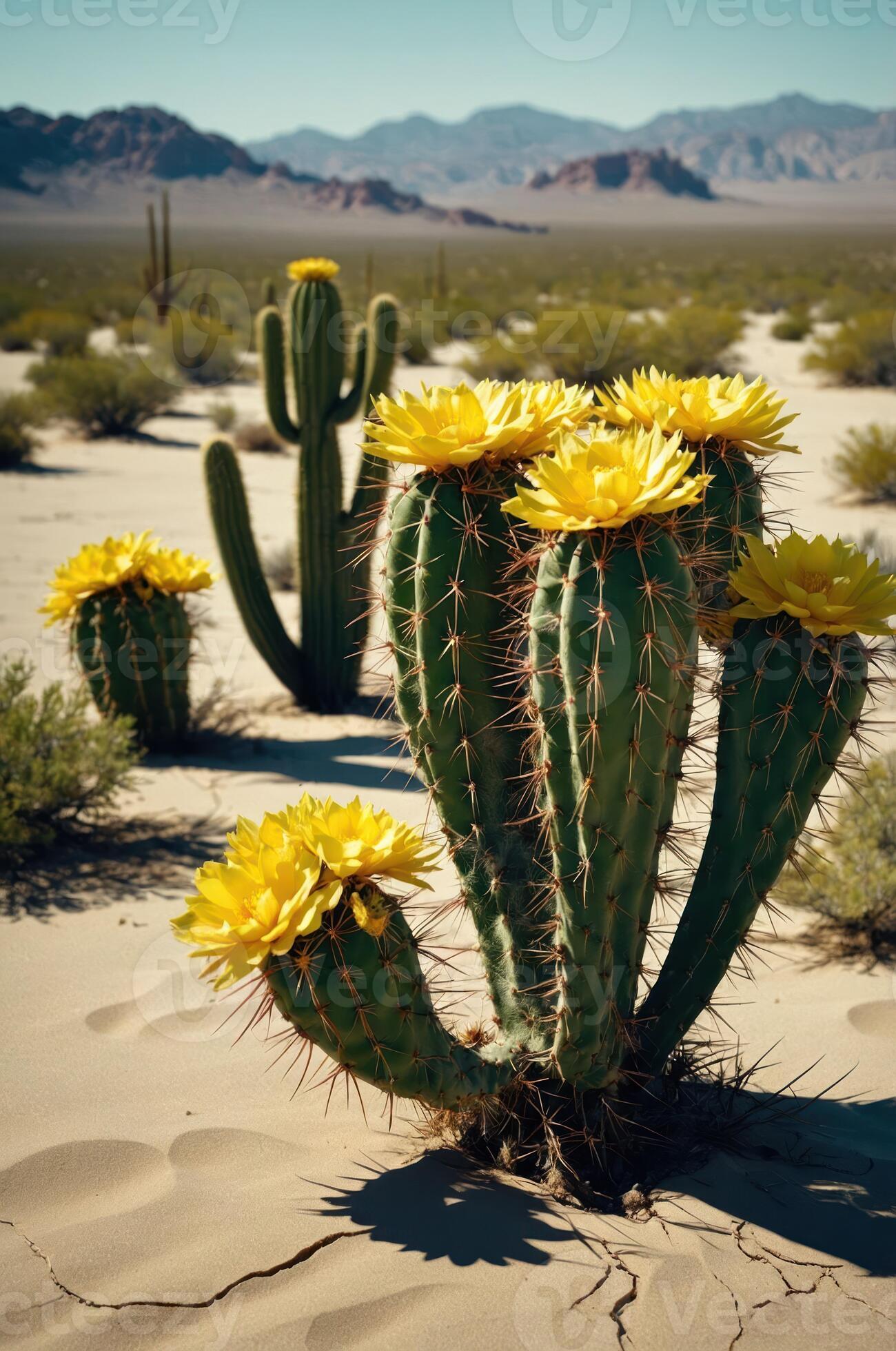 A desert scene featuring cacti with vibrant yellow flowers amid sandy terrain and mountains ...