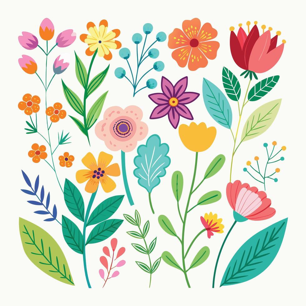 A vibrant display of spring flowers in various colors and types swaying ...