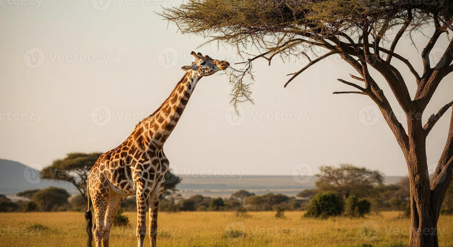 Majestic giraffe grazing on acacia tree in the african savanna ...