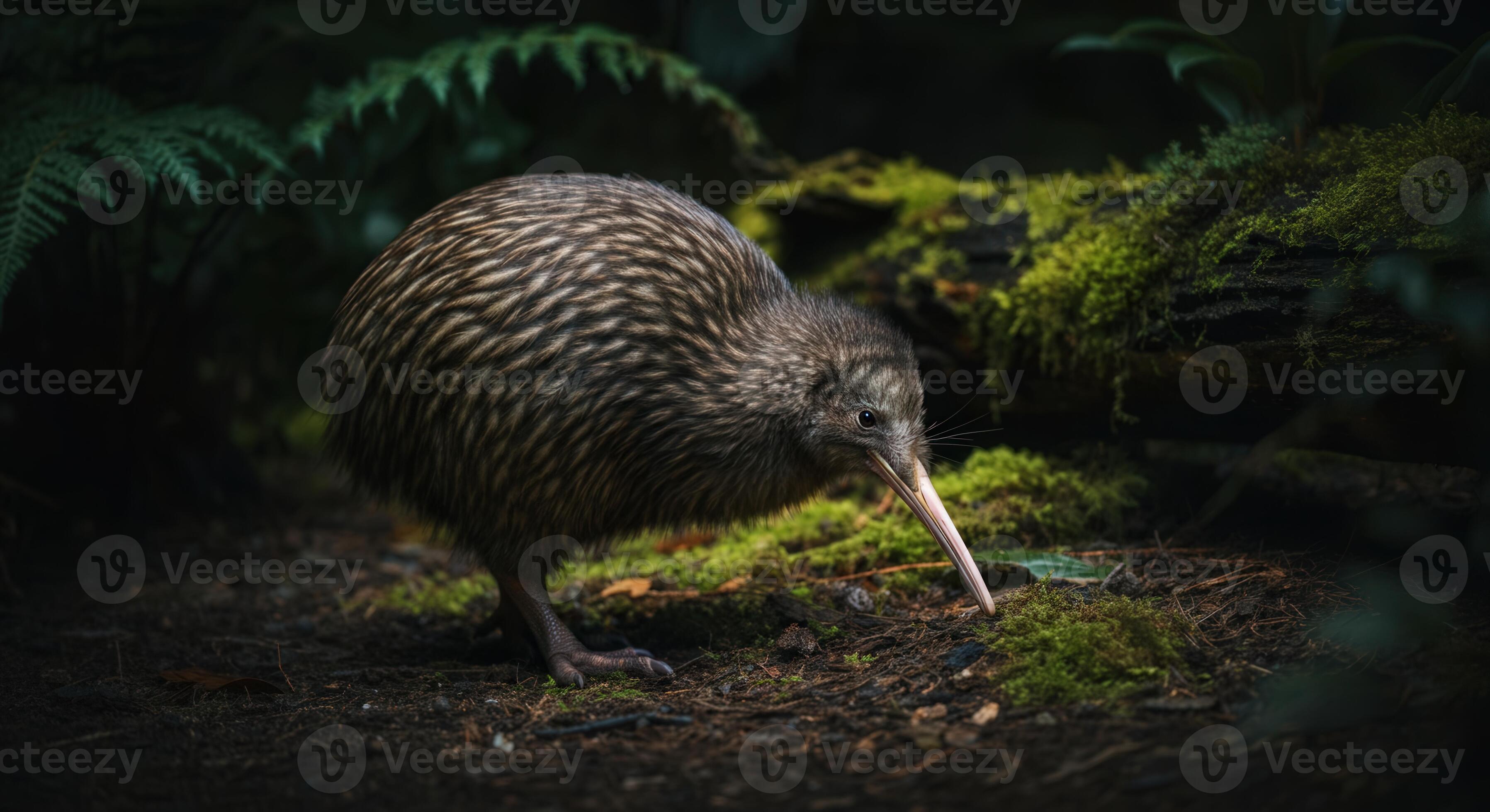 New zealand kiwi bird in natural forest habitat with lush greenery and mossy log 53389622 Stock ...