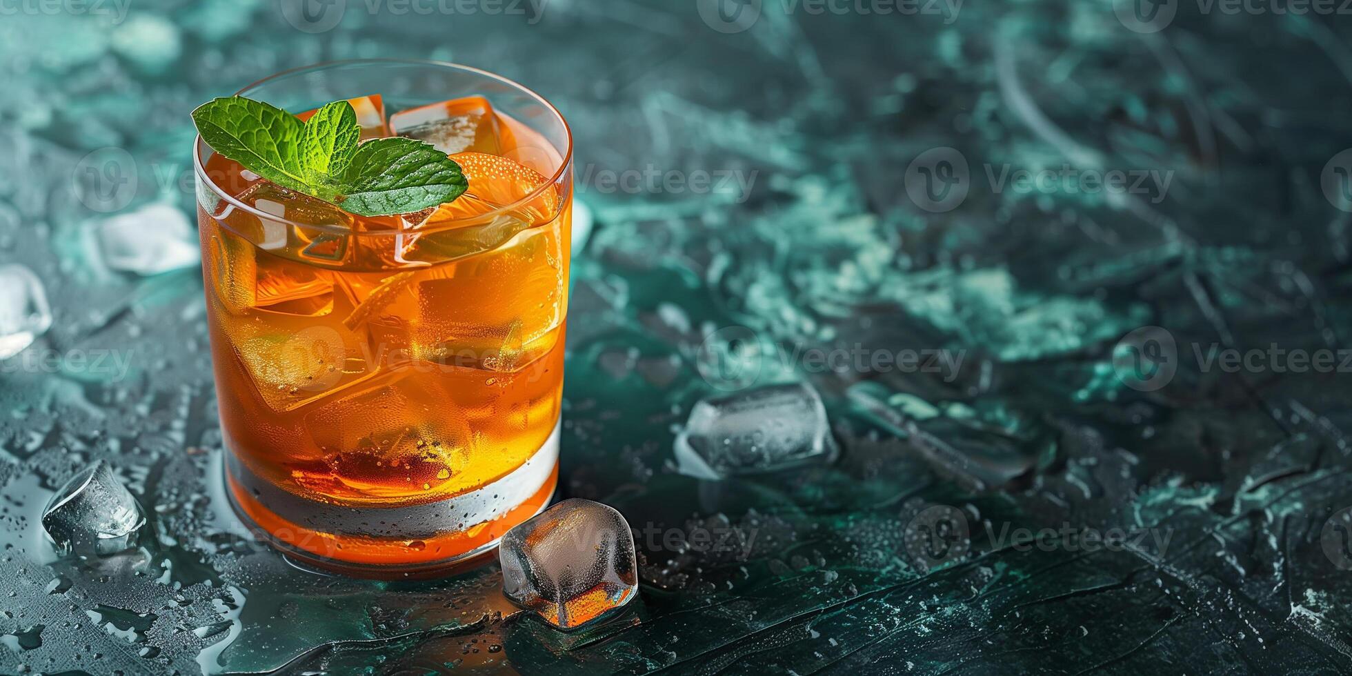 Cocktail glass with an orange liquid, ice cubes, and a sprig of mint, culinary photography ...