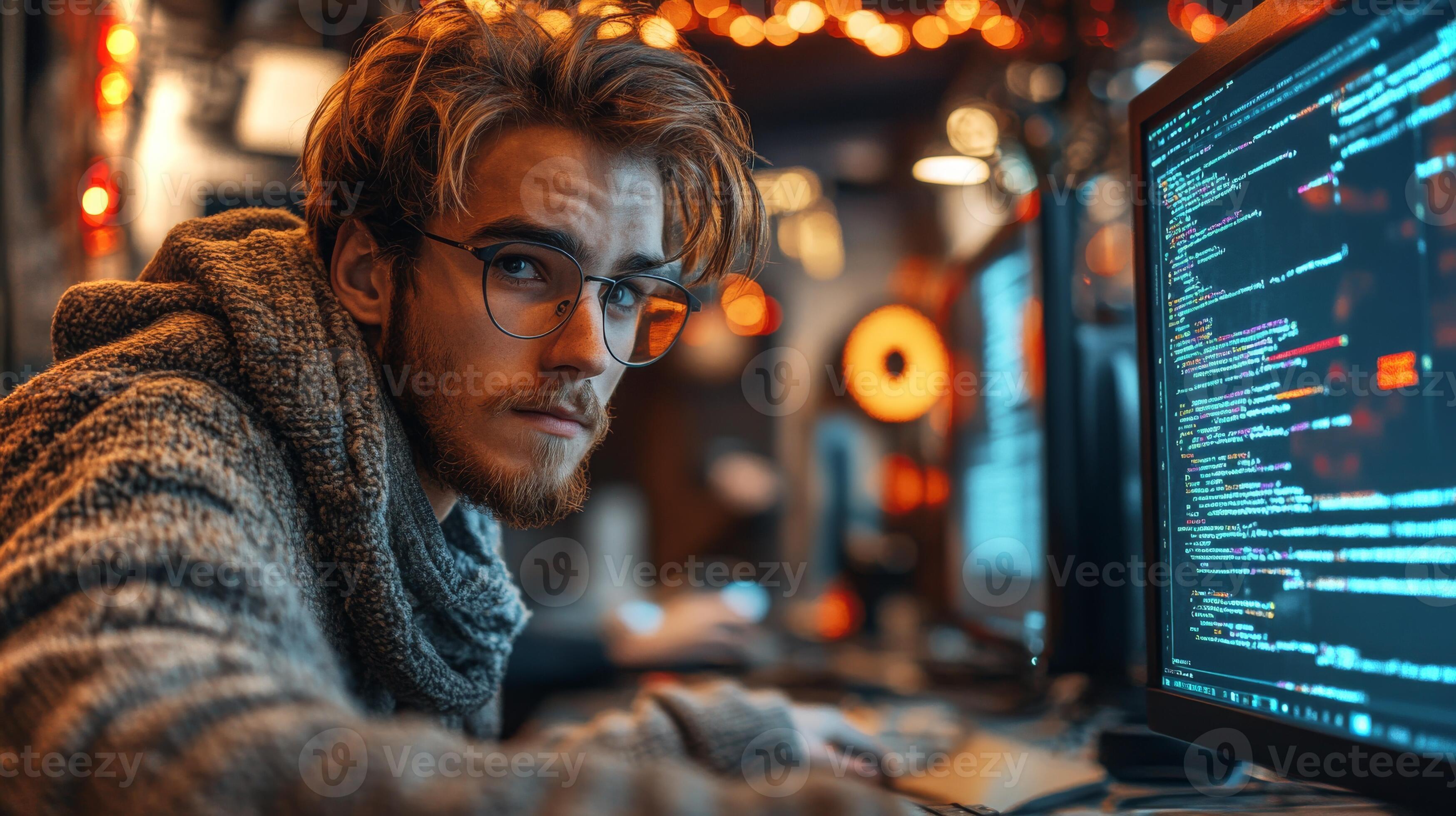 A dedicated programmer is immersed in coding at night with glowing screens, creating a tech ...