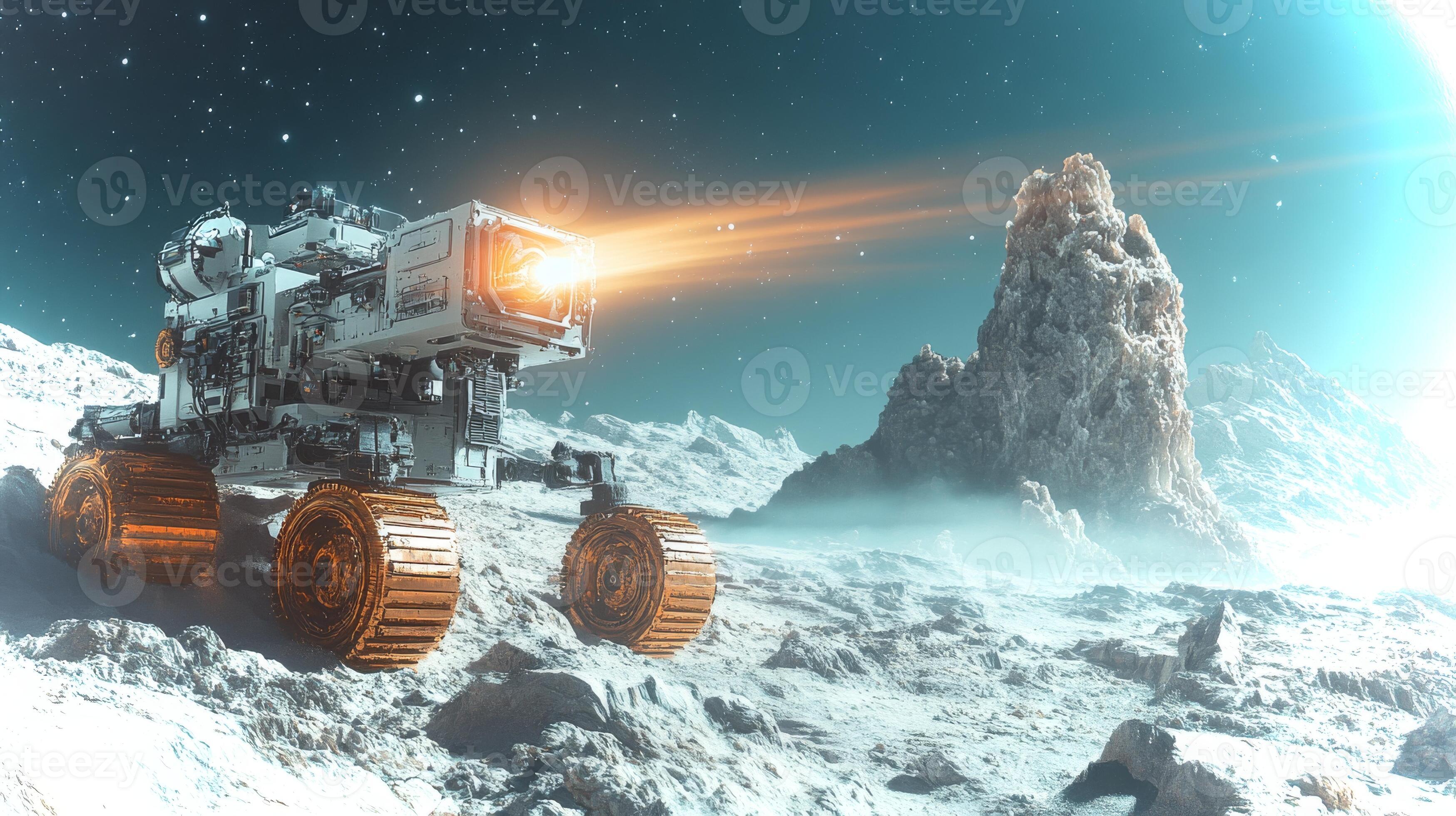 A robotic explorer travels across a desolate moon surface, equipped ...