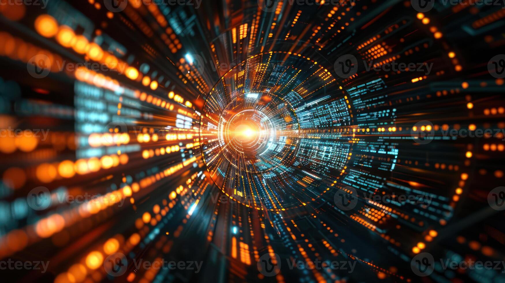 A dynamic visualization of data flow with glowing elements in a futuristic tunnel. 53402316 ...
