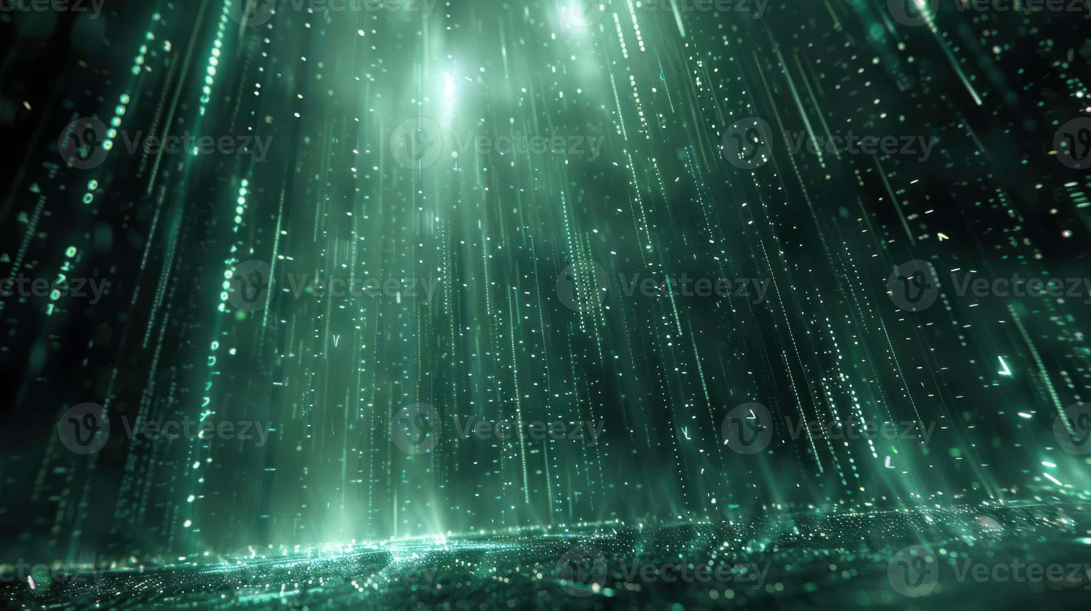 A digital landscape filled with cascading green binary code, evoking a futuristic atmosphere ...