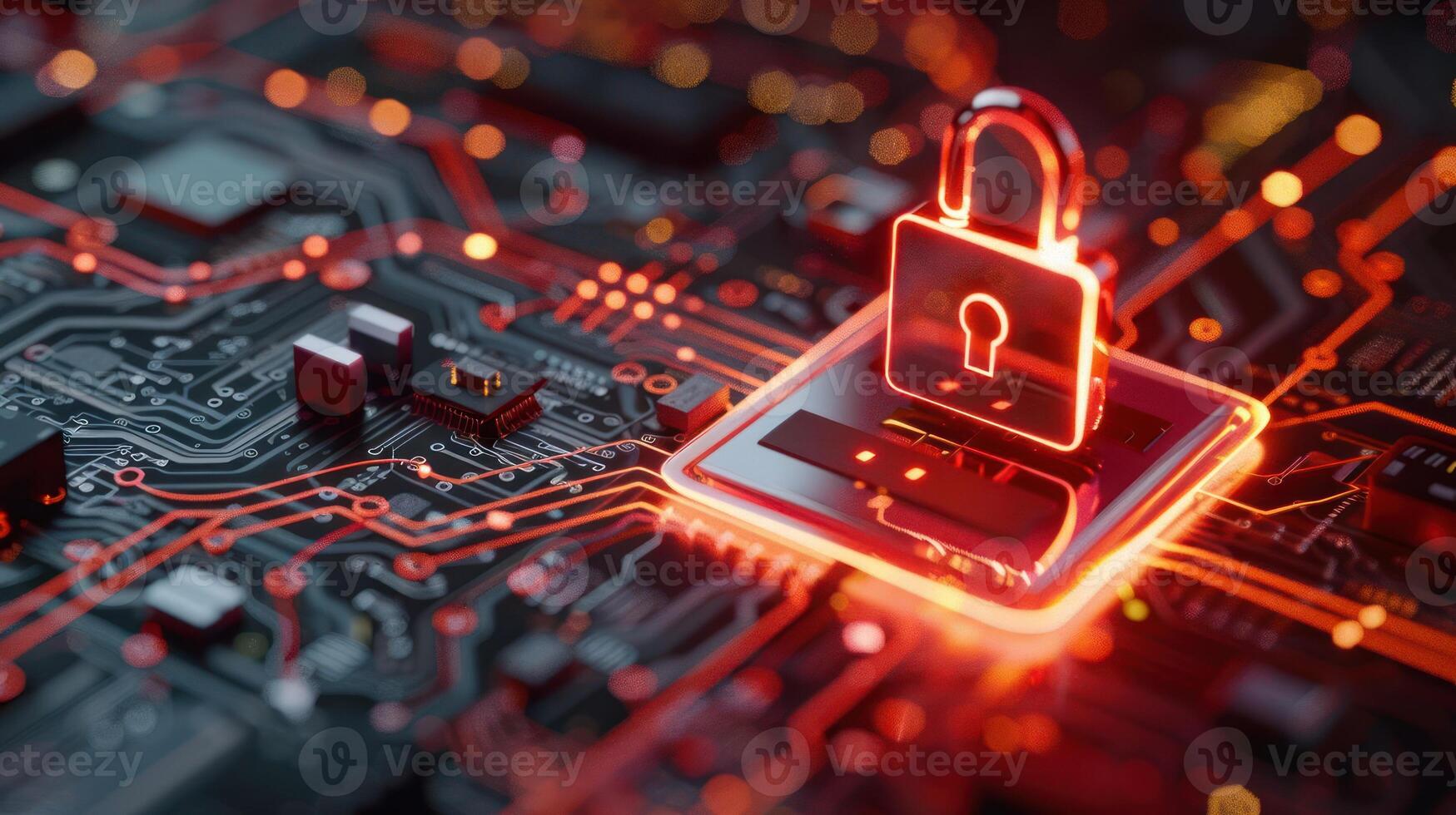 A Digital Lock Symbol Over A Circuit Board Representing Cybersecurity