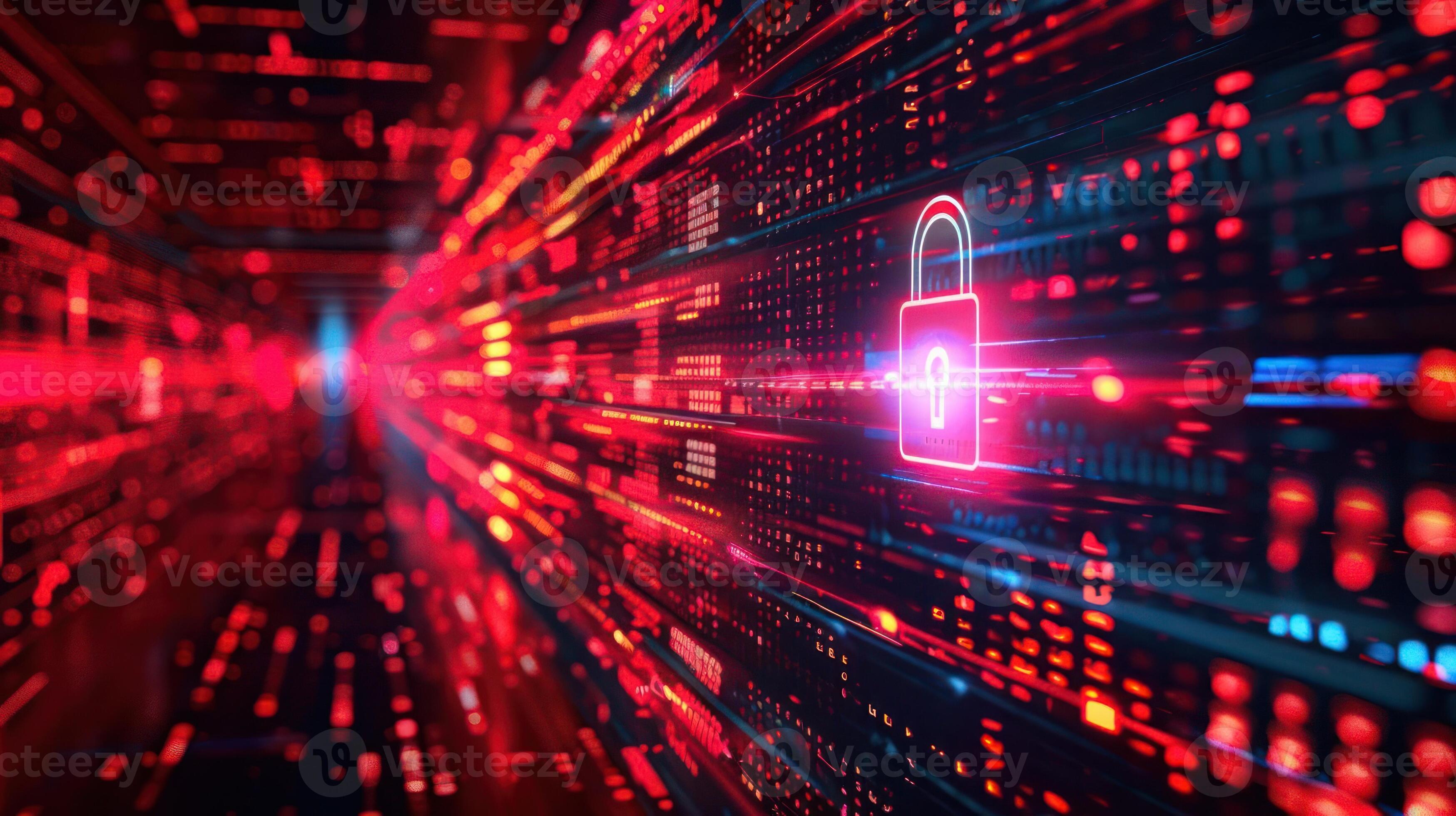 A digital representation of cybersecurity with a padlock symbol amidst flowing data streams ...