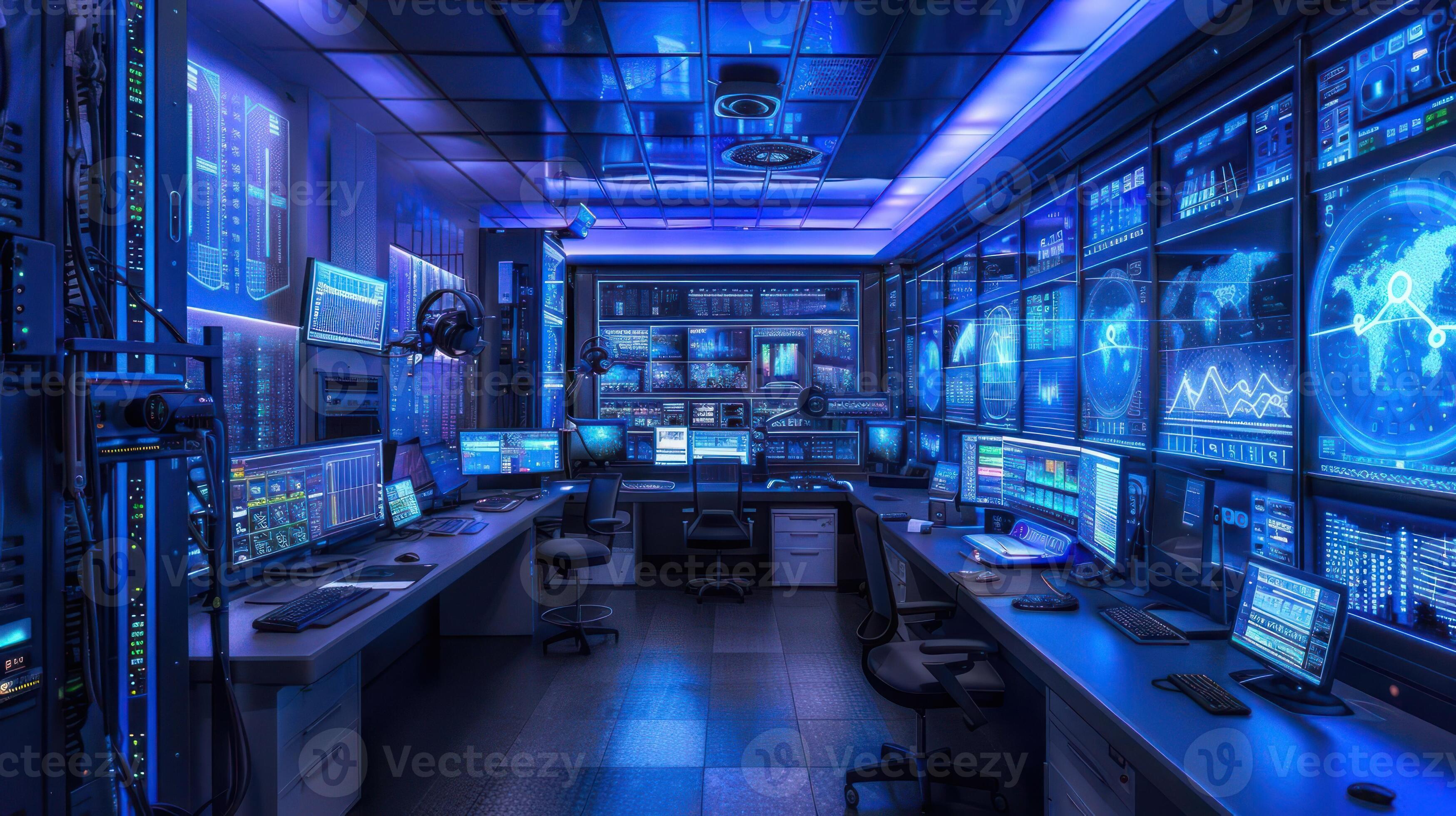 A high-tech control room filled with screens and data displays, emphasizing technology and ...