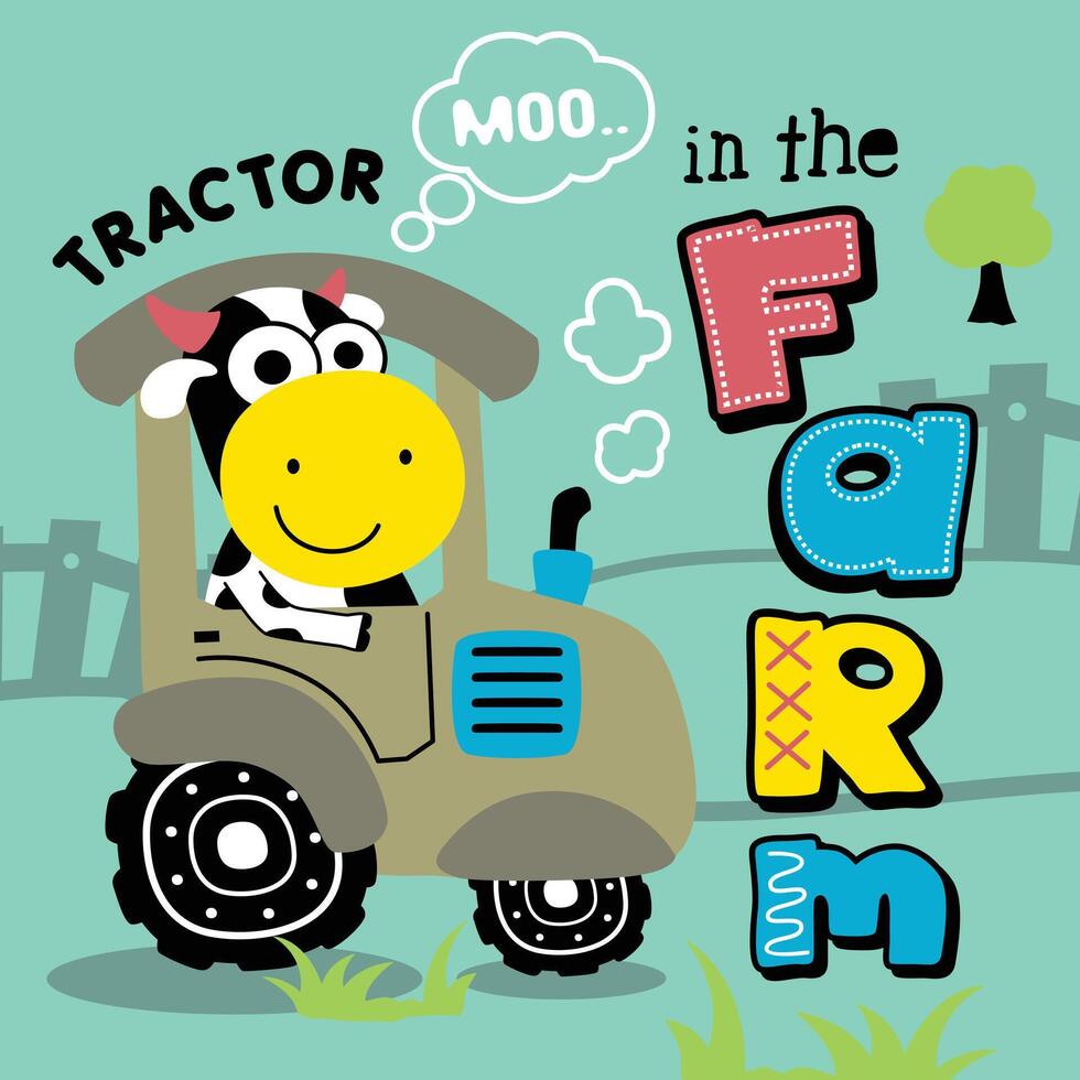 Vaca Conducción Un Tractor En El Granja Dibujos Animados Ilustración Para Niños 53406359 Vector