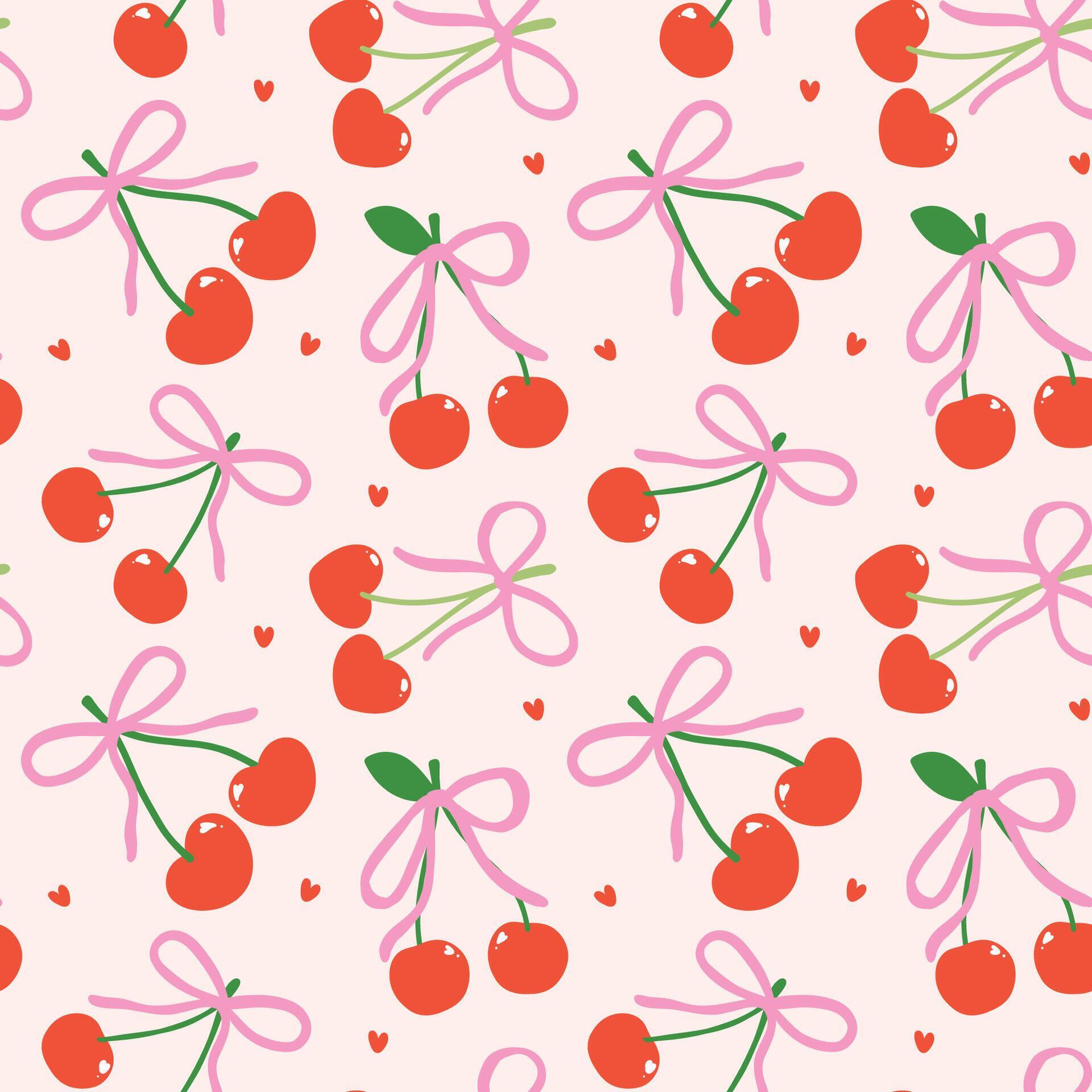 Retro Playful Coquette Seamless Pattern Red Cherries with Pink bow ...