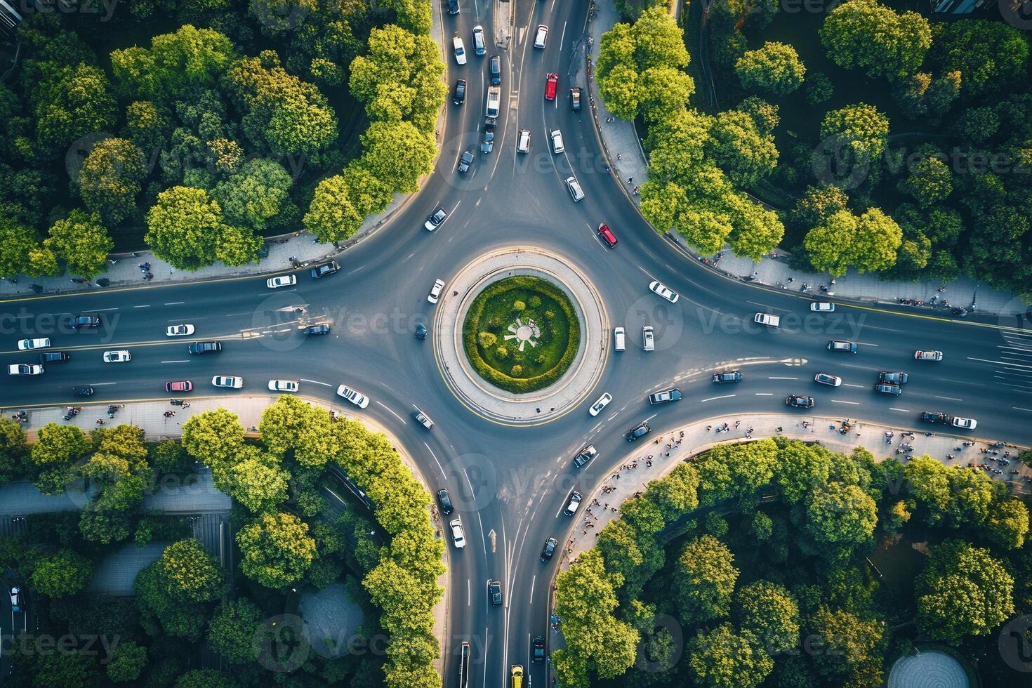 Aerial view of a roundabout surrounded by lush greenery and traffic. 53424331 Stock Photo at ...