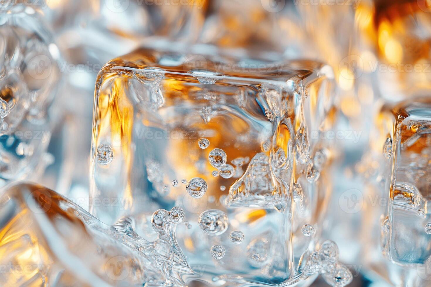 Close-up of glistening ice cubes with trapped air bubbles, illuminated with warm light. 53425740 ...