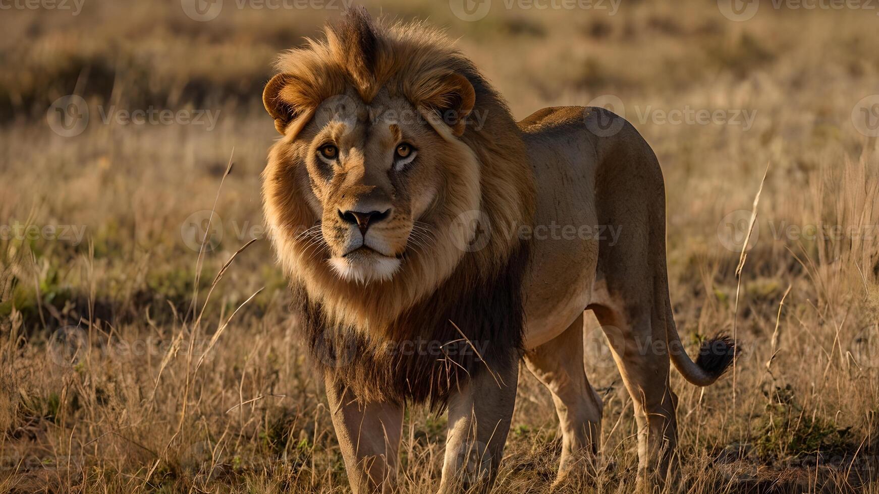 Majestic African Lion in Golden Savanna Grassland 53440467 Stock Photo ...