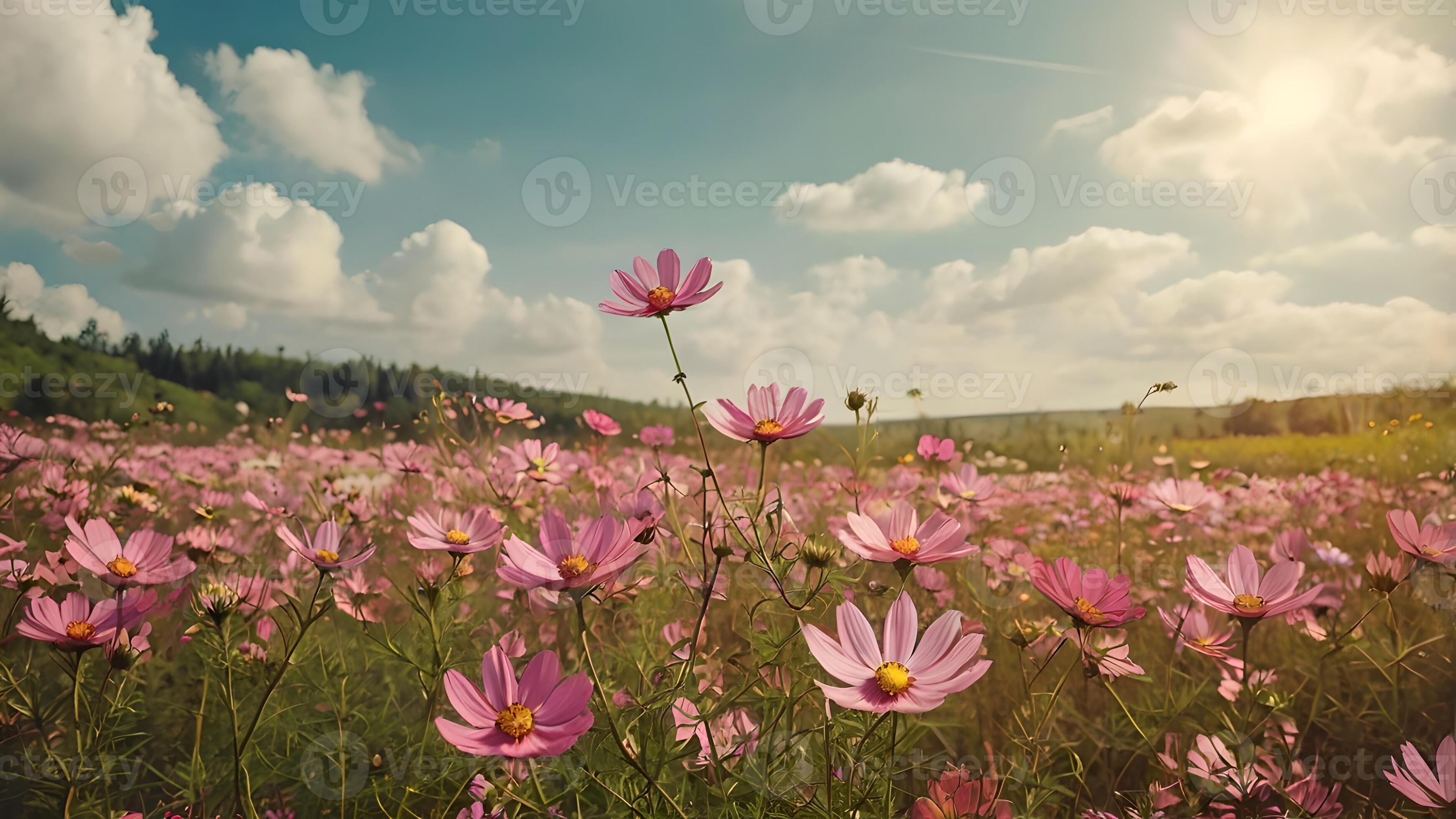 Vintage Cosmos Flower Field in Spring Sunlight 53440606 Stock Photo at Vecteezy