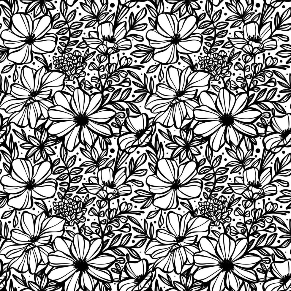 Flower Pattern Black And White Seamless Repeating Hand Drawn Vintage Flower Print Floral