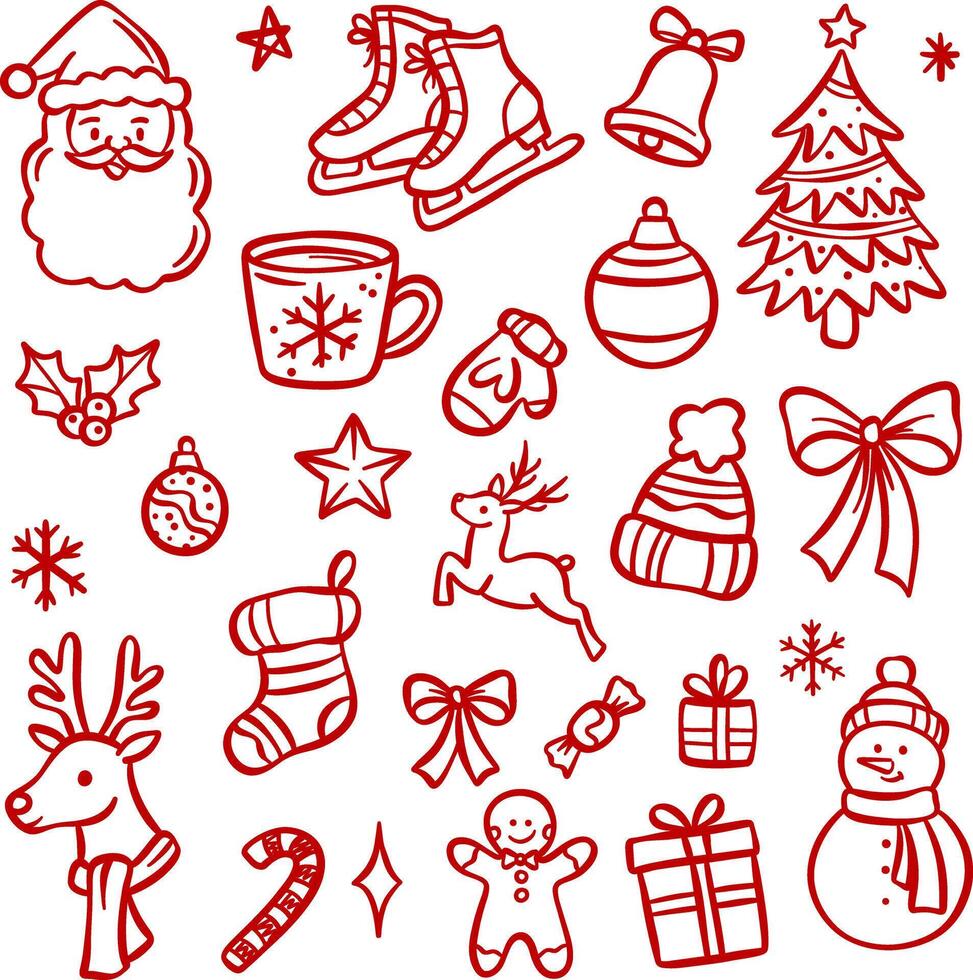 Christmas line art illustration set, cute cartoon festive holiday ...