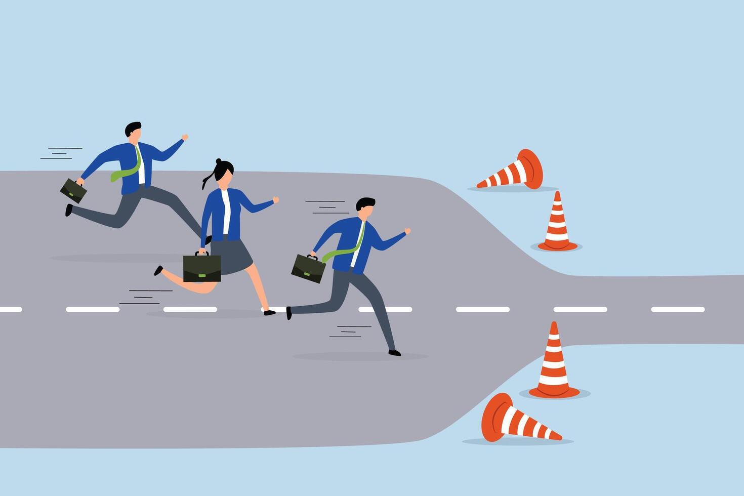 Bottleneck make business run slow, Business individuals sprint along broad path to arrive at ...