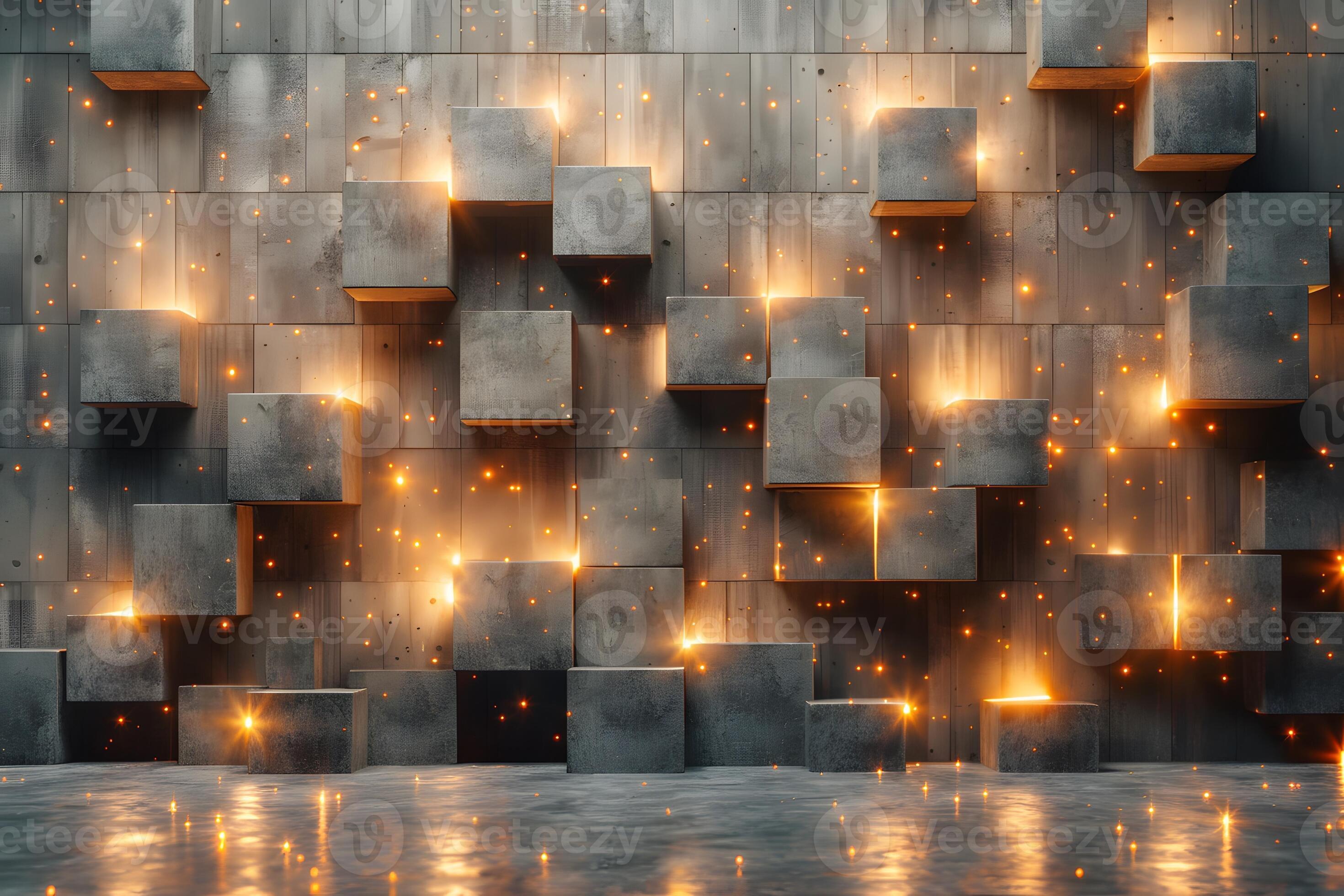 Abstract Geometric Wall with Glowing Cubes and Ambient Light Effects ...