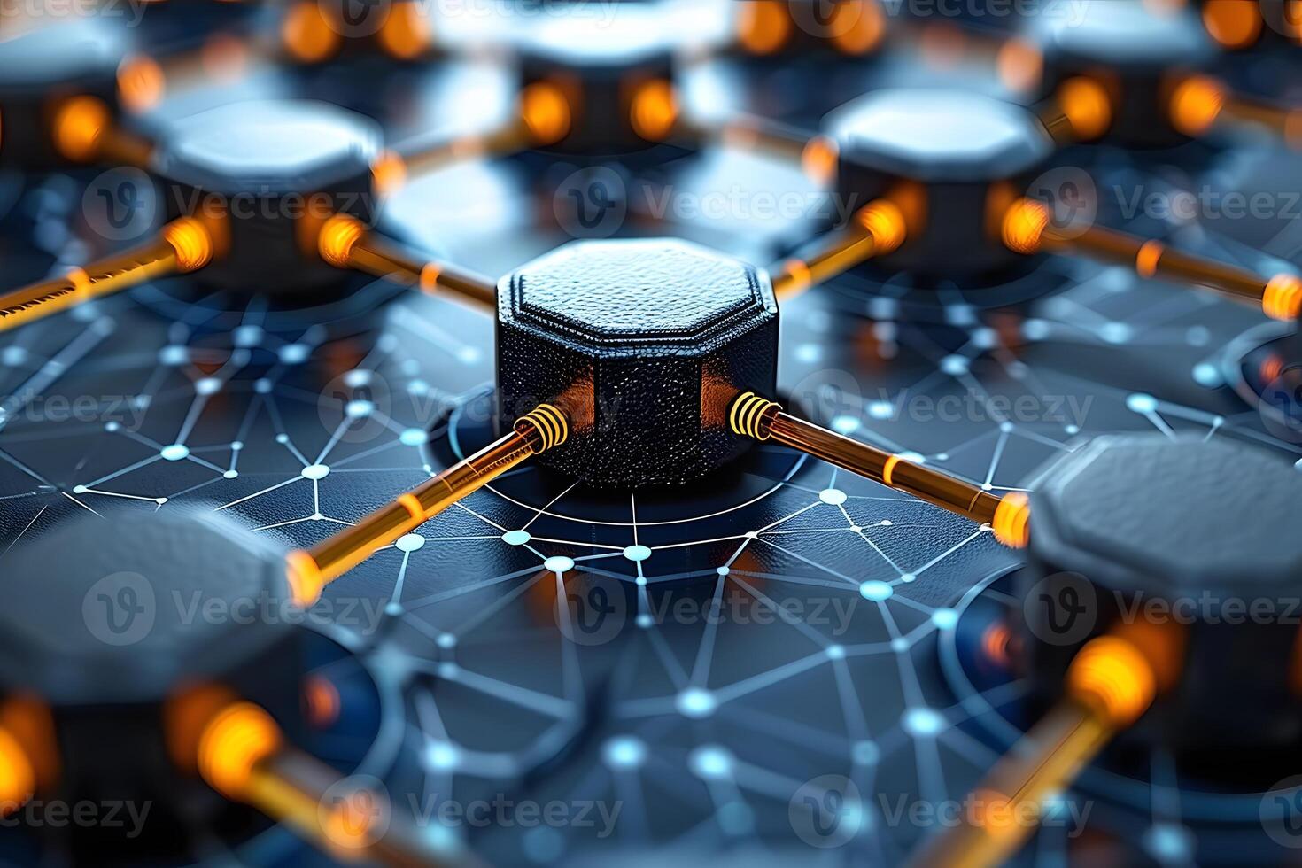 Futuristic Blockchain Network With Hexagonal Digital Nodes And