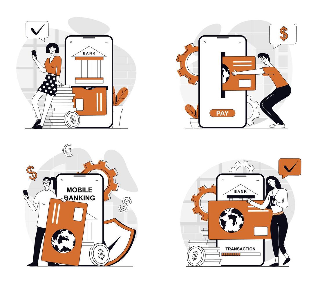 Mobile banking concept set in flat design for web. Collection with people using online bank ...