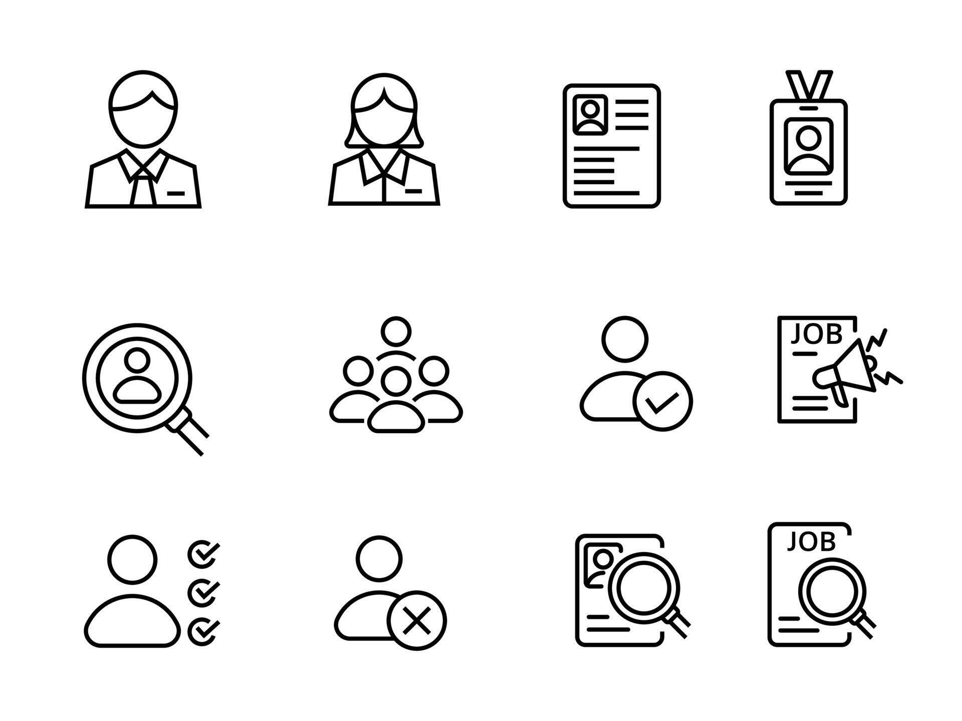 Set of recruitment and job vacancy icons in linear design on a white ...