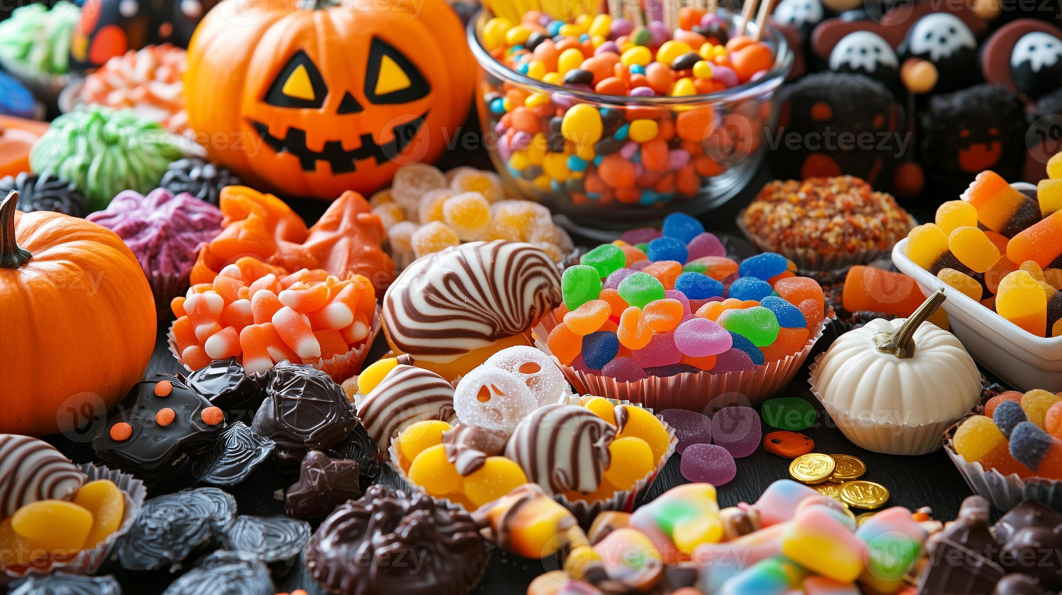 Halloween treats including candy sticks, sour gummies, and chocolate ...