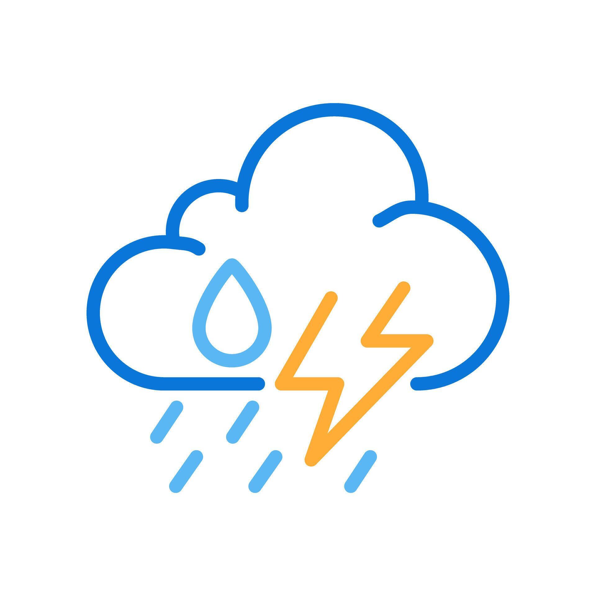 Storm two color line icon. Weather forecast. Cloud with raindrops and lightning bolt. Severe ...