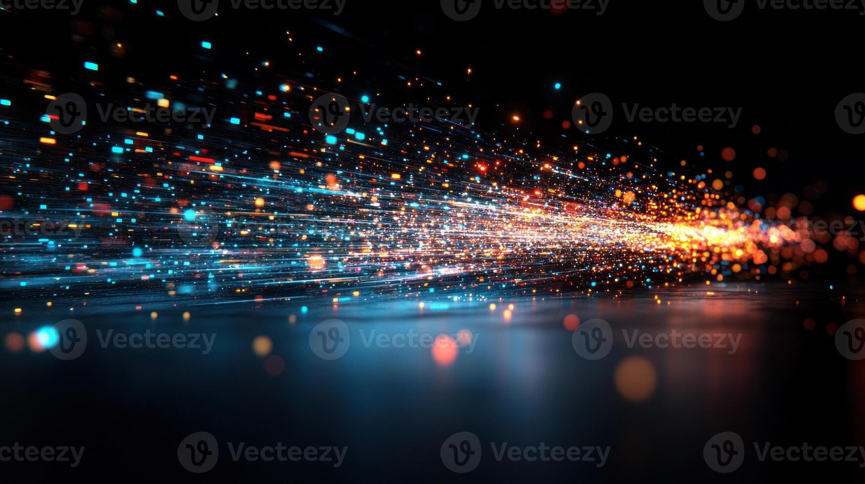 Colorful light streaks and particles create an energetic abstract design against a dark ...