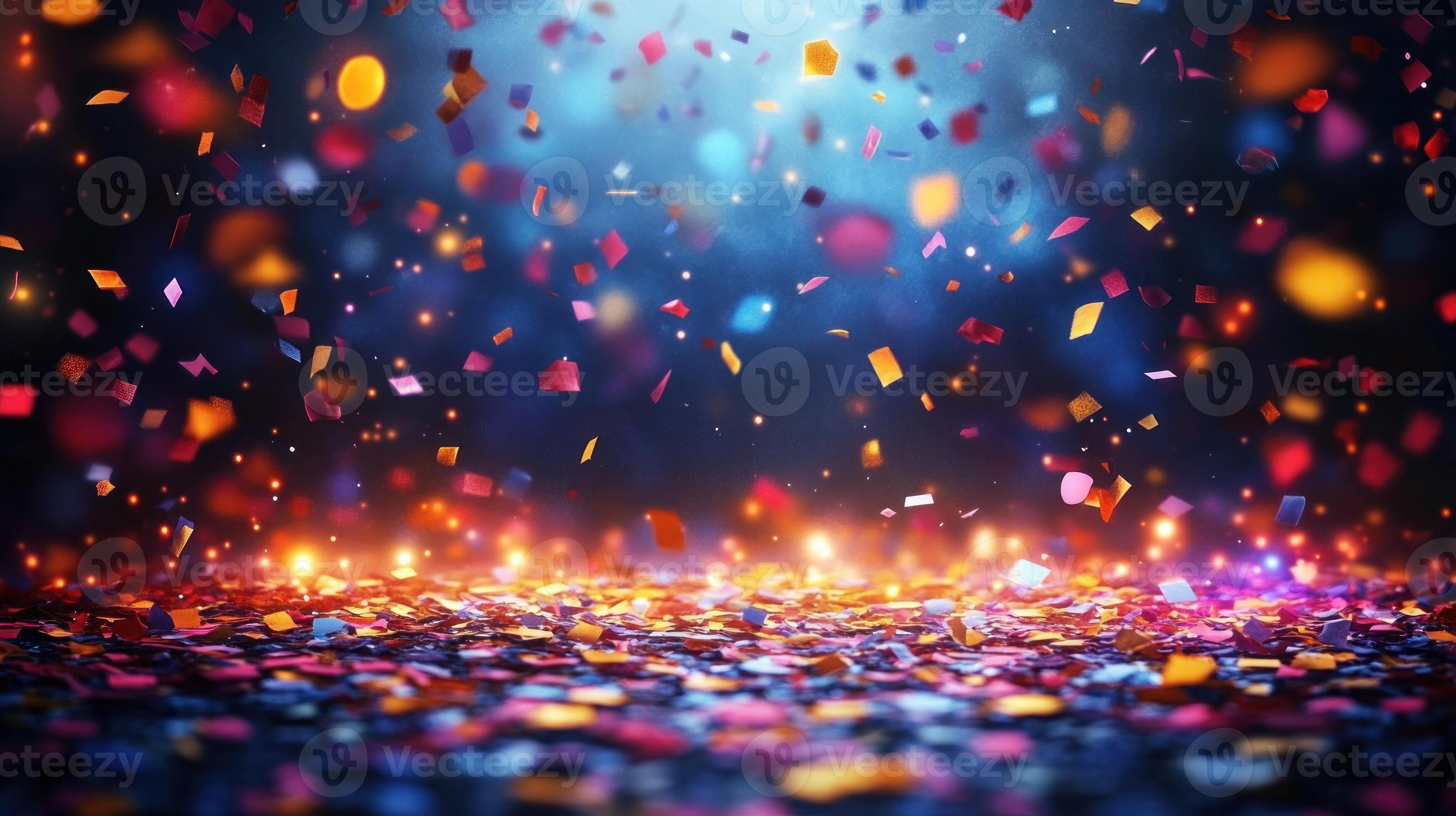 Bright confetti showers blend with sparkling lights on the ground, creating a joyful atmosphere ...