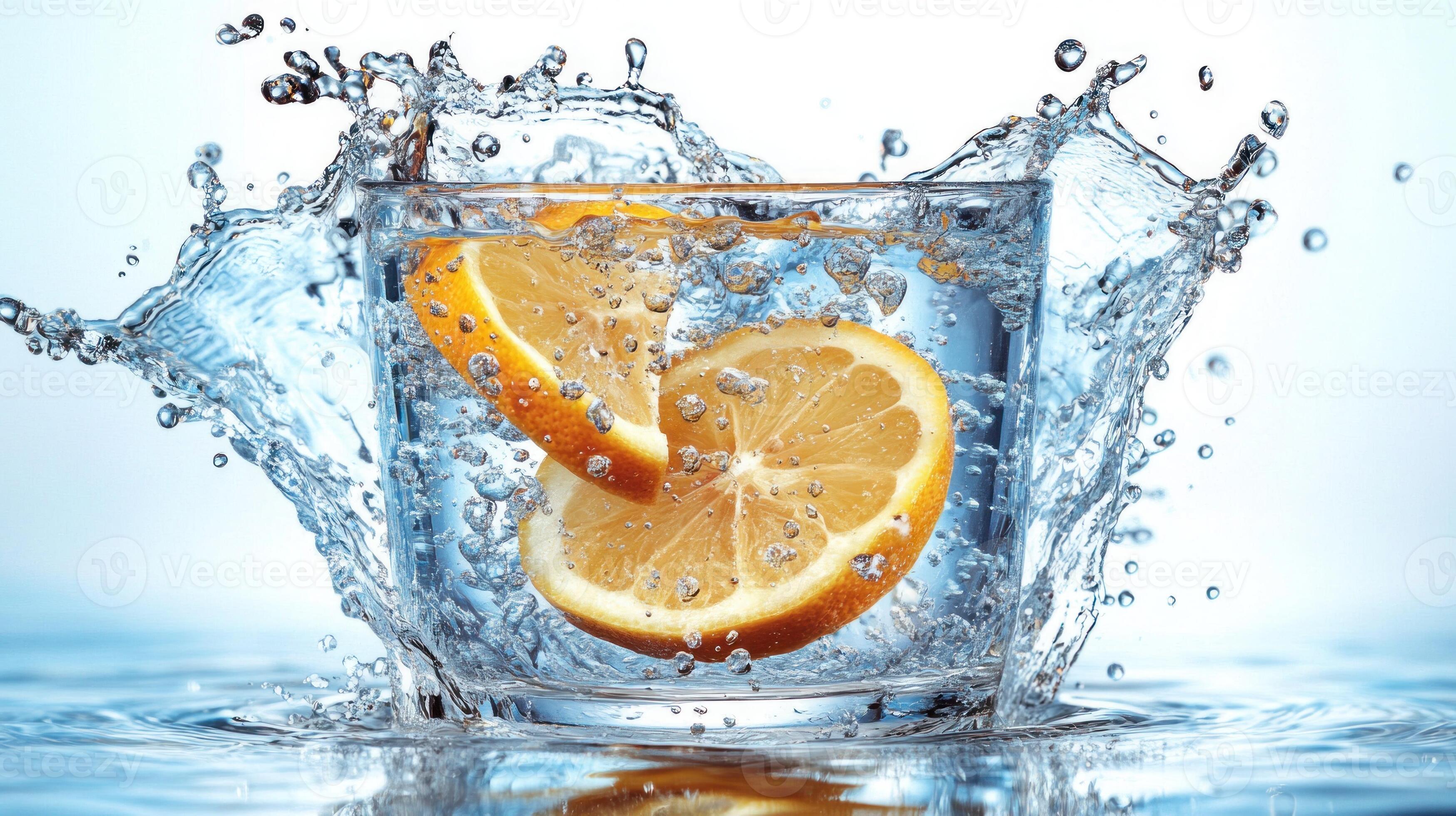 Lemon slices drop into water, creating splashes and bubbles that enhance the refreshing nature ...