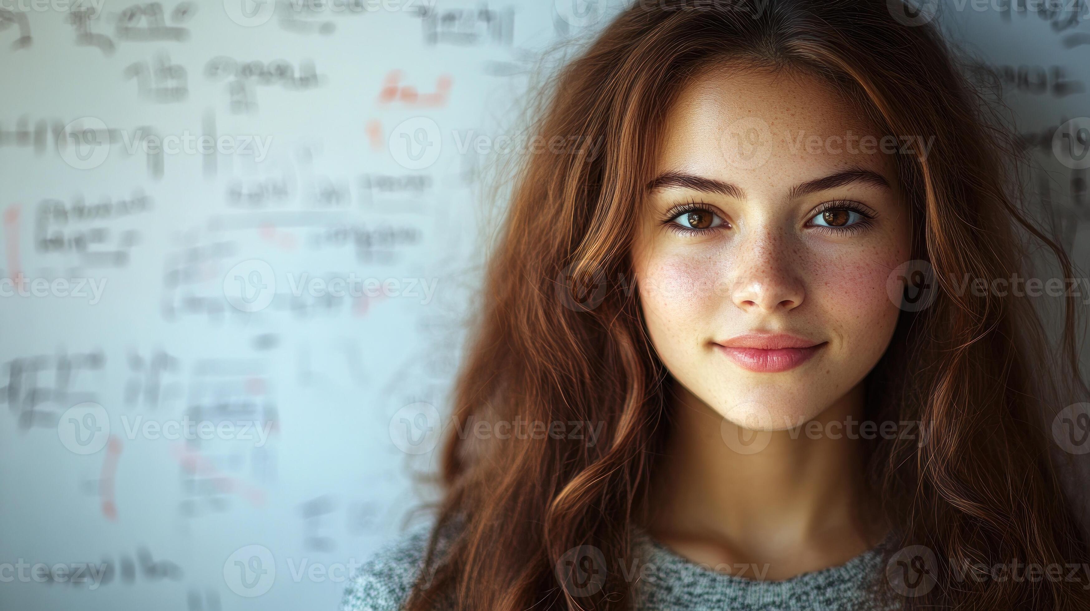 A young woman stands and smiles in a study area filled with handwritten ... A young woman stands and smiles in a study area filled with handwritten ...