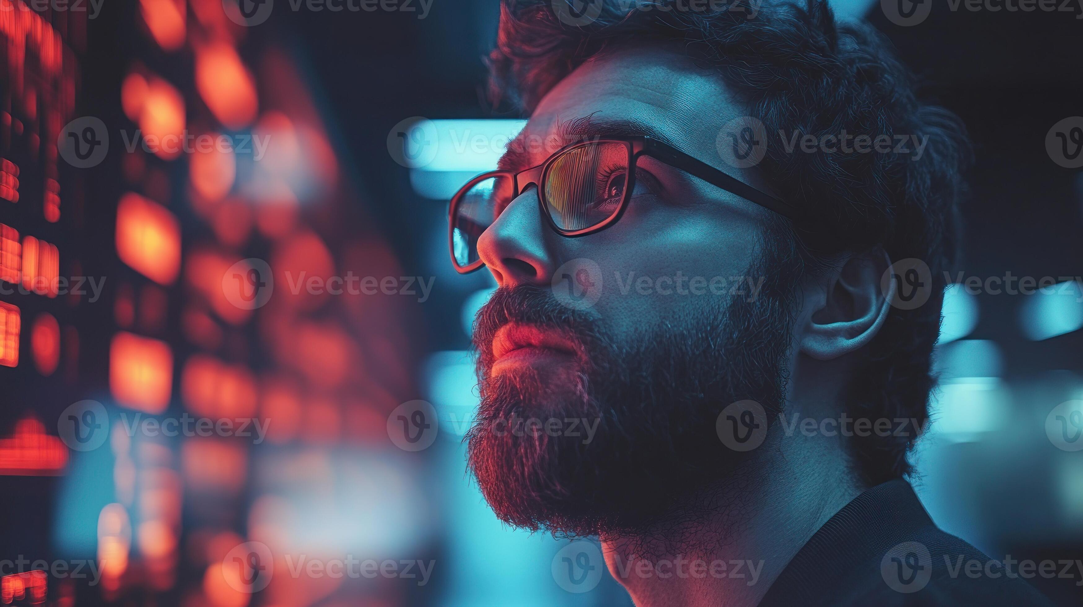 Man Gazes At Glowing Data Visualizations On A Screen In A Contemporary