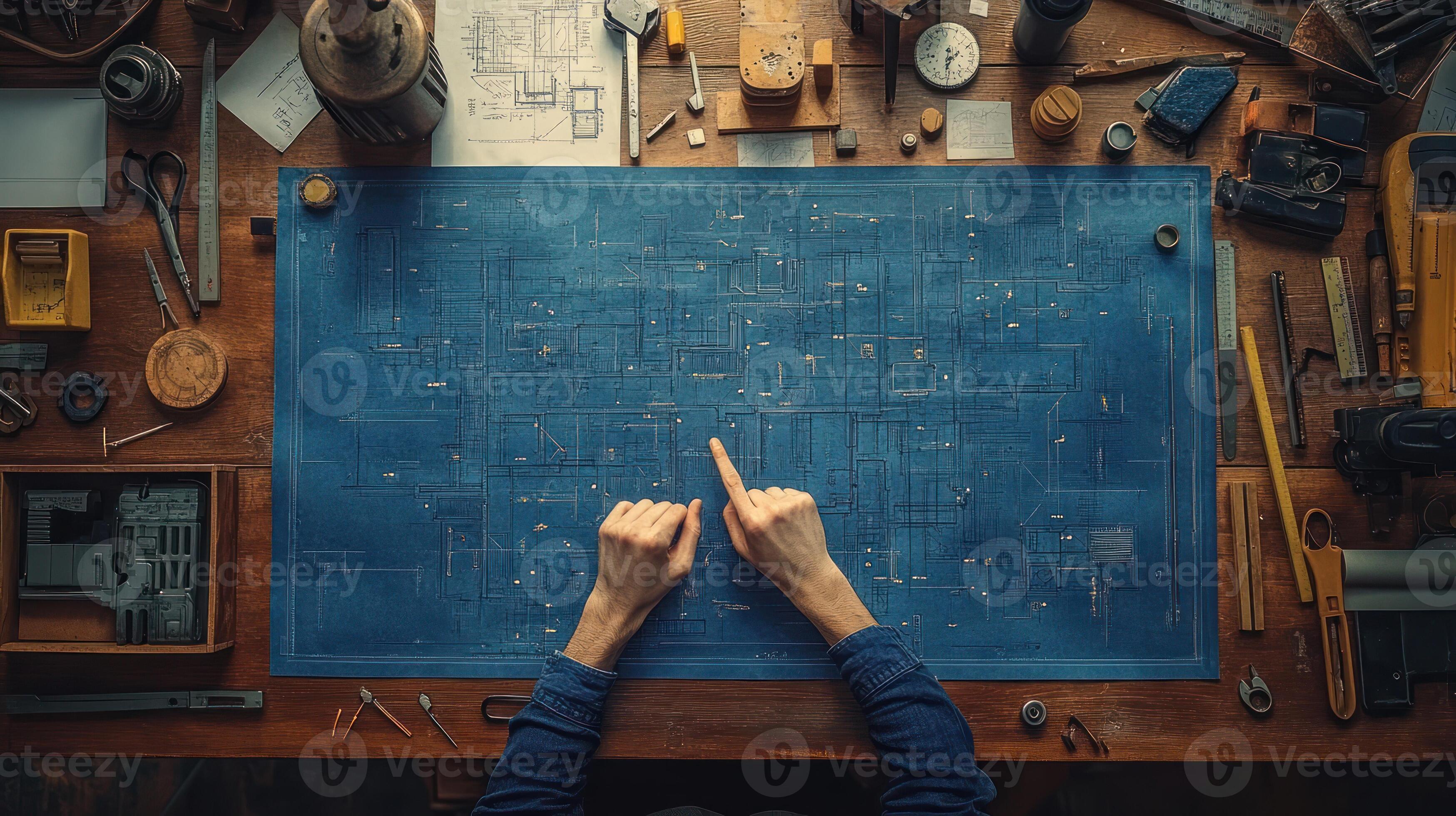 Close up of hands pointing at detailed blueprints on wooden table, surrounded by tools and ...