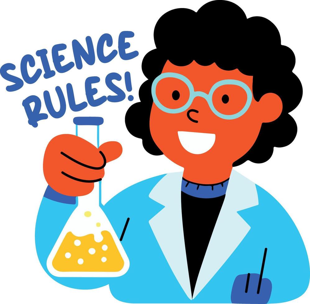 A flat sticker of a lab student holding a flask with science rules ...