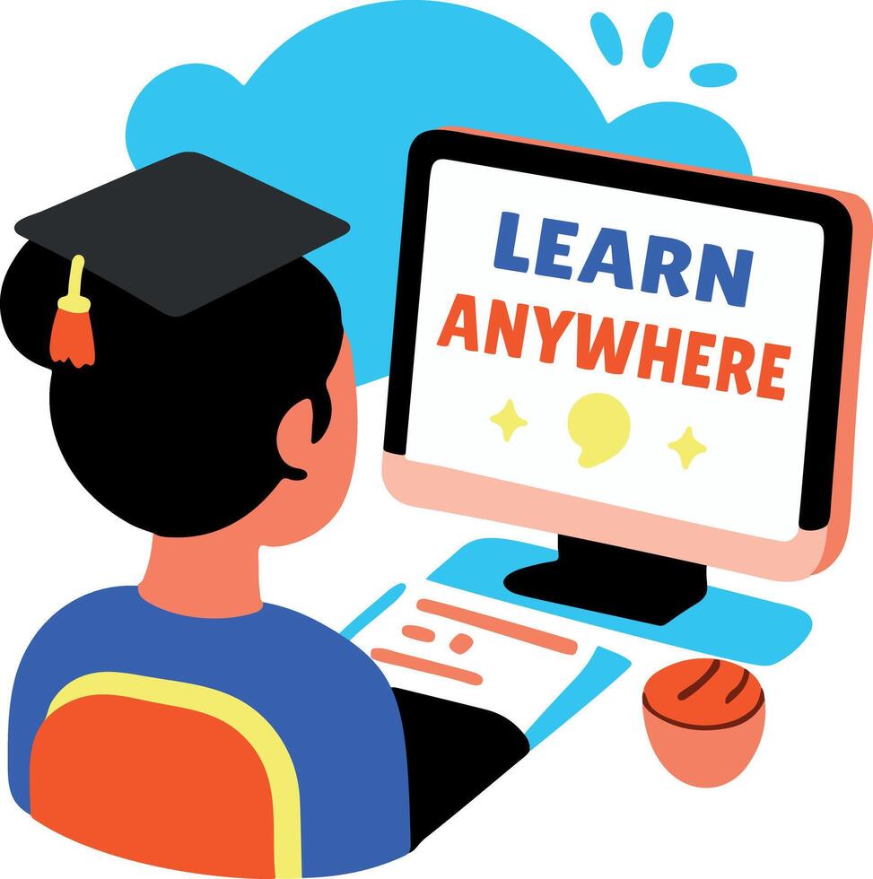 A flat sticker of a student taking online class with learn anywhere ...