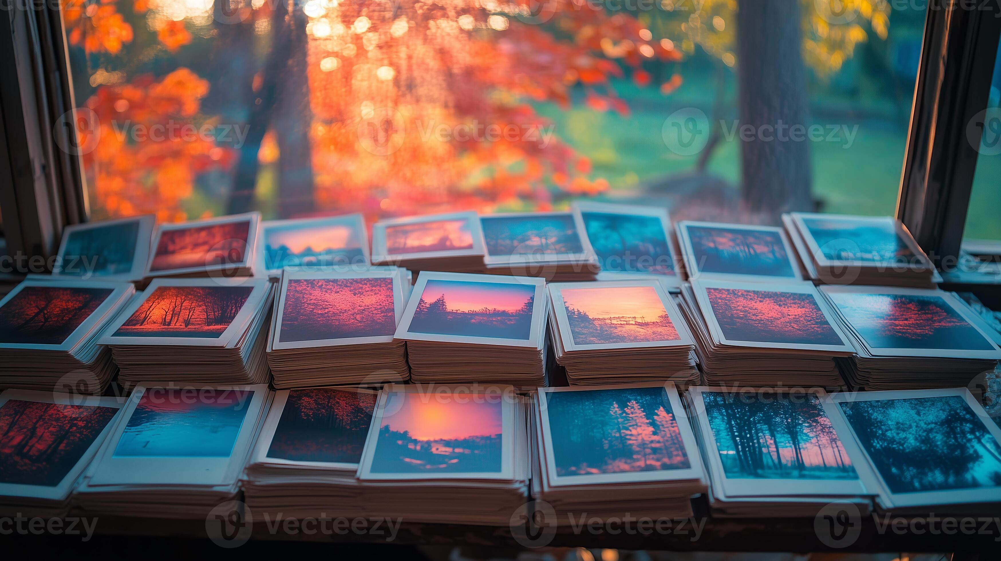 A stack of polaroid pictures on a table 53555586 Stock Photo at Vecteezy