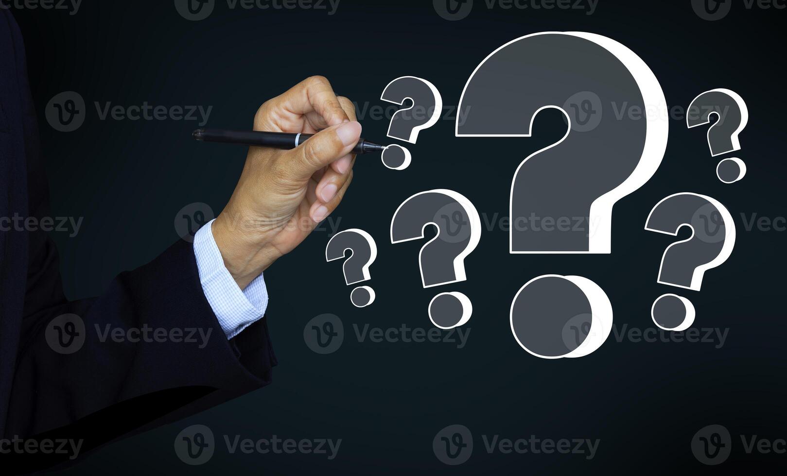 Businessman hands show pen writing question marks, Confused, Thinking, brainstorming or decision ...