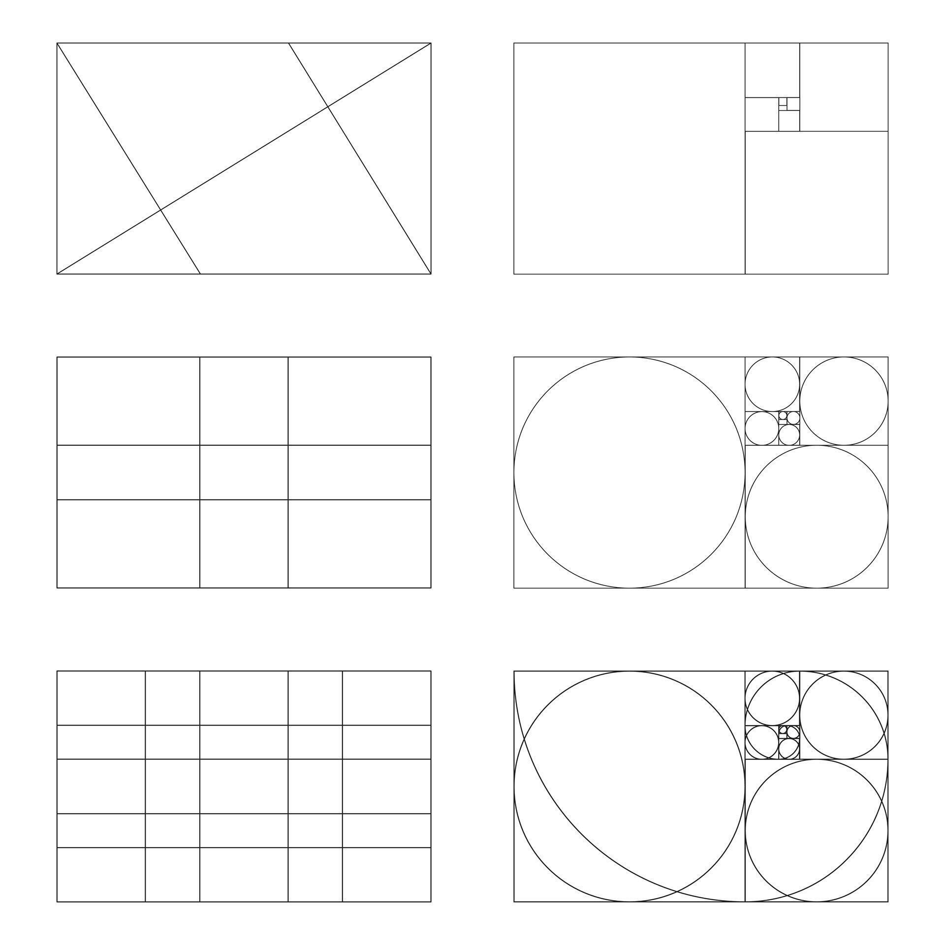 Golden ratio frames, rectangles. Method golden section. Set of harmony proportions grids ...