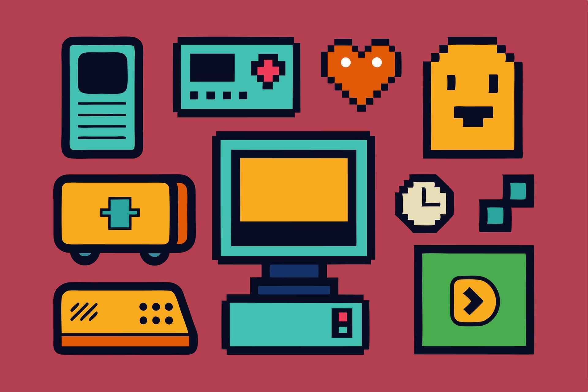 Pixel art icons set, including a computer, clock, and other items ...