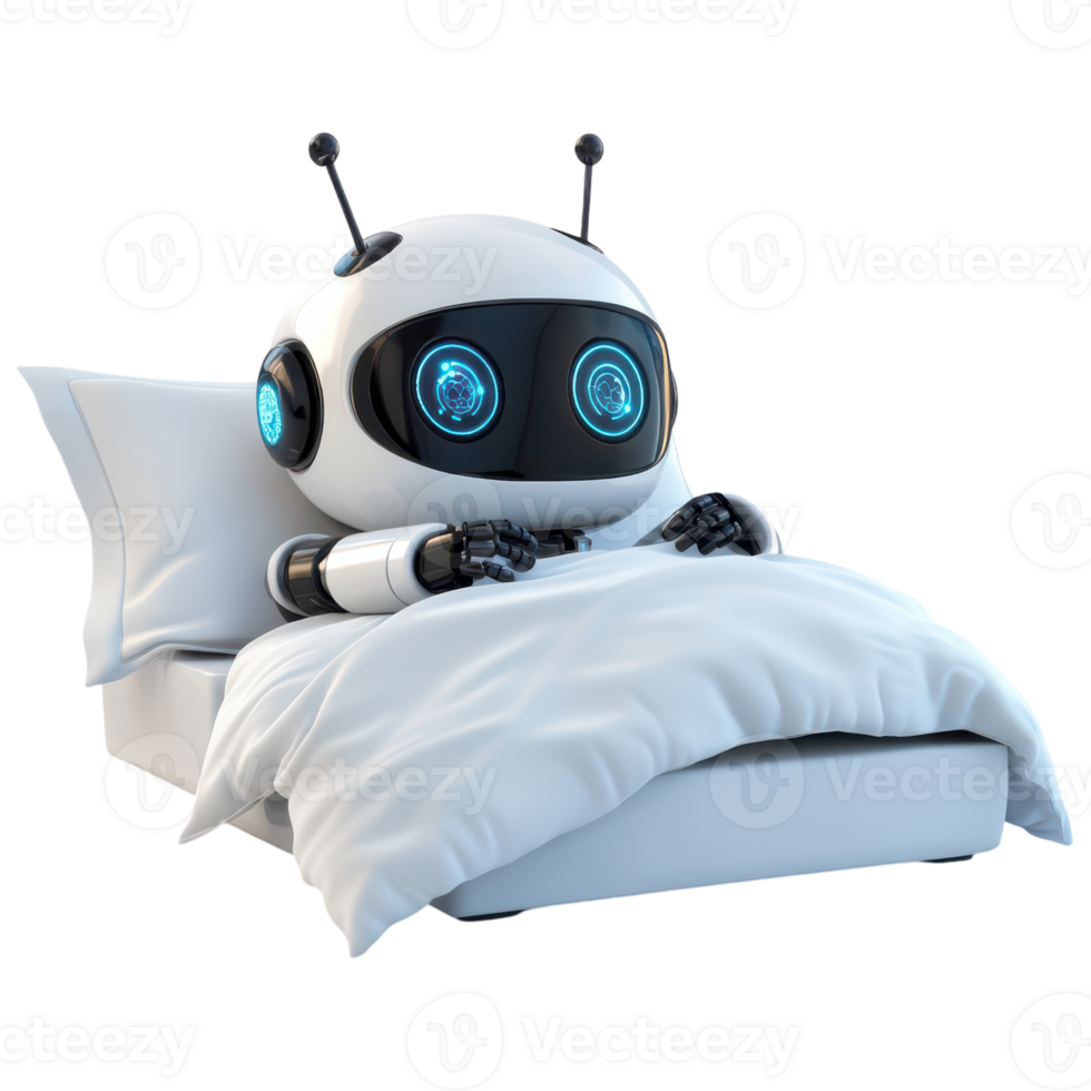 A robot is laying in bed with a pillow 53574250 PNG