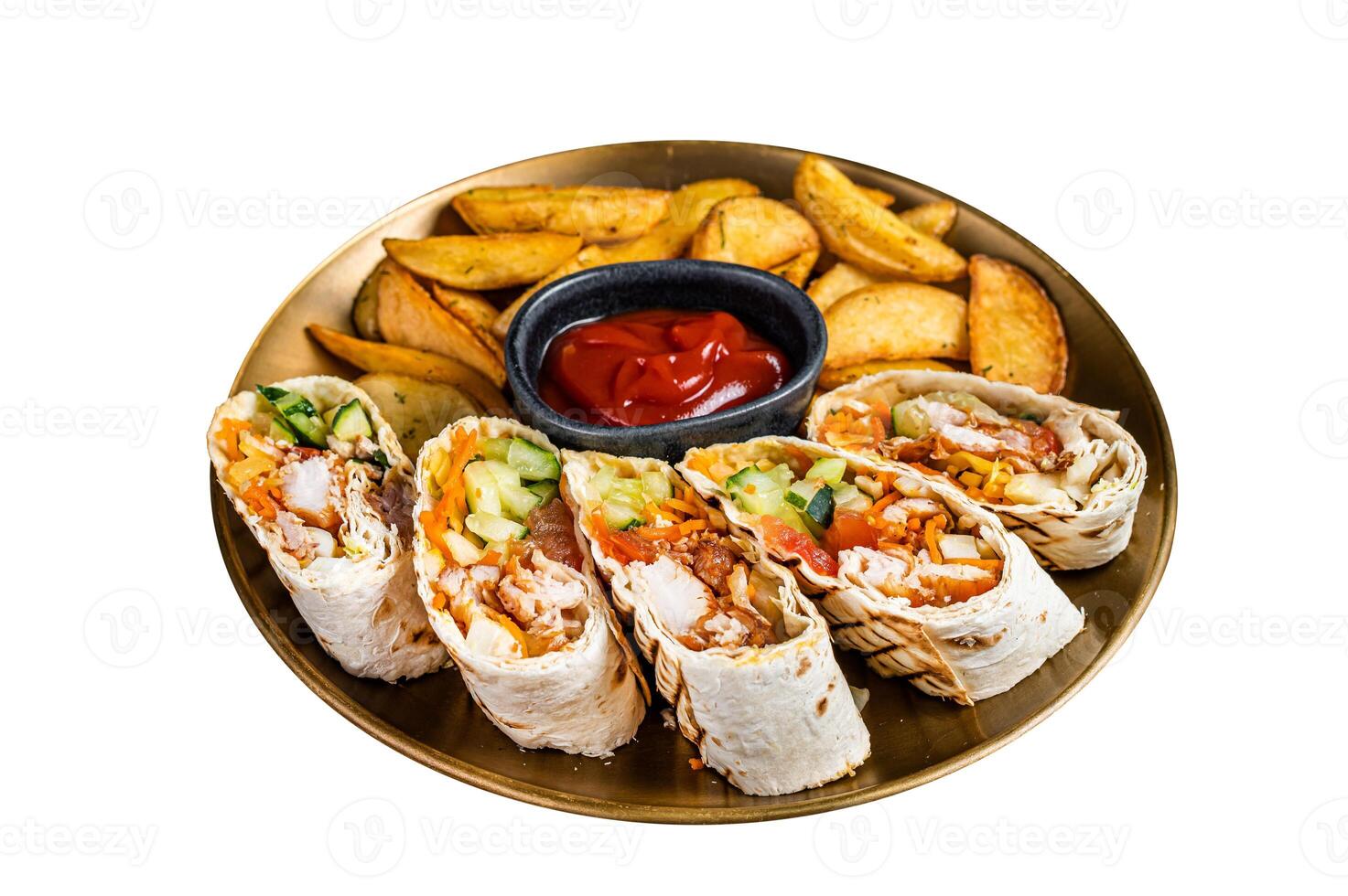 Chicken shawarma durum doner kebab with vegetable salad and french ...