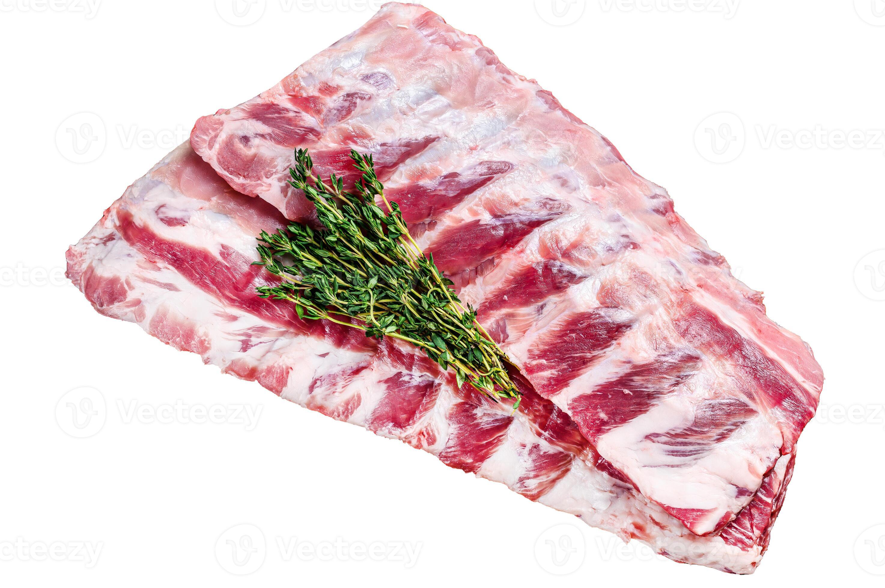 Raw pork loin spare ribs with thyme. Isolated on white background, top view. 53593624 Stock ...